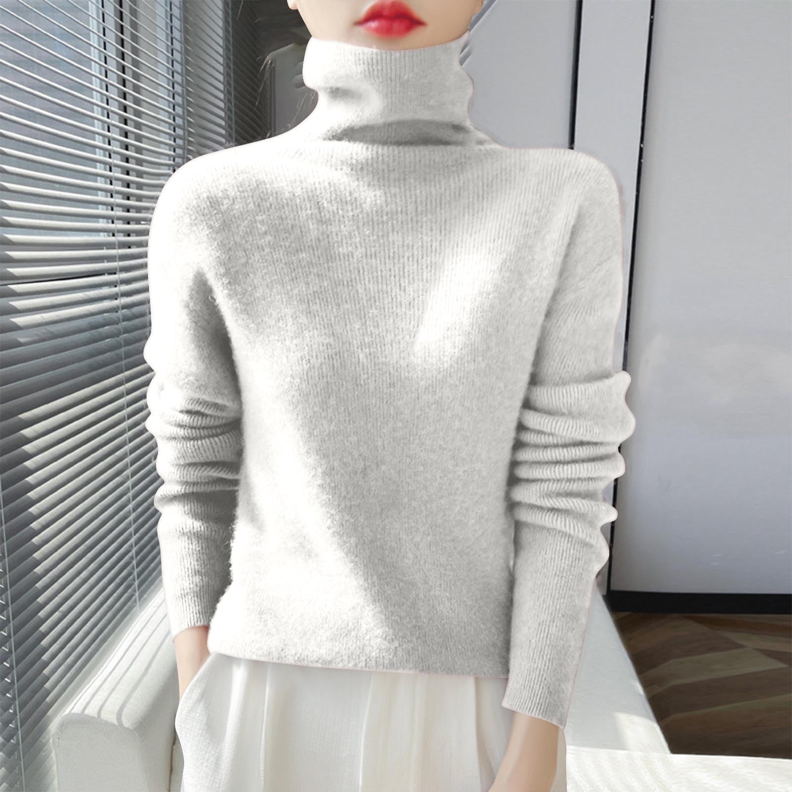 Ayolanni Long Sleeve Sweaters for Women White High Neck Solid Pullover ...