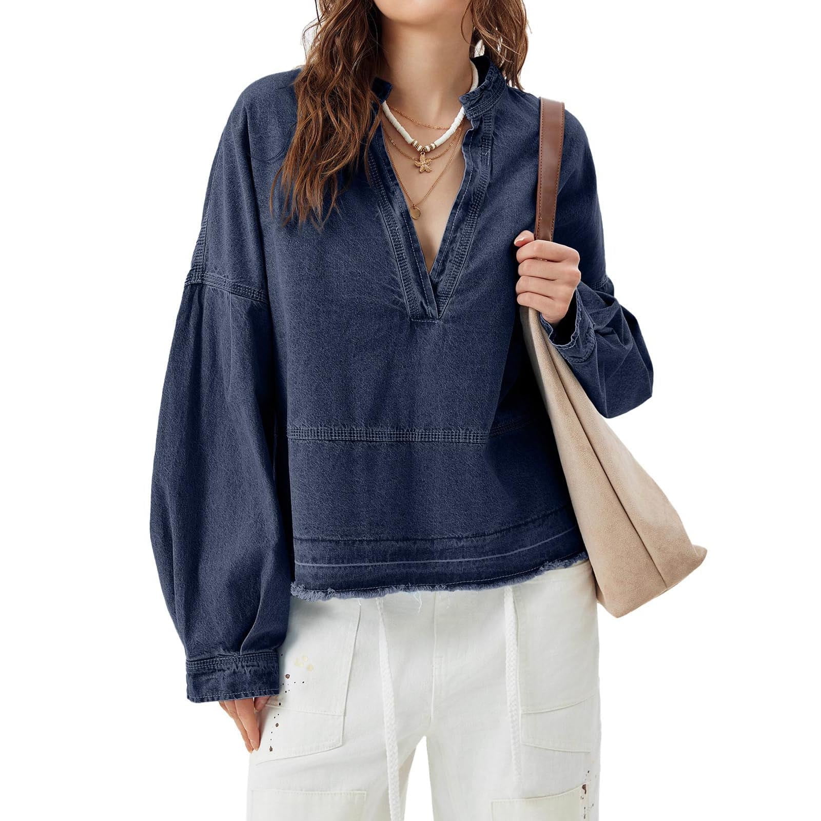Ayolanni Loose Trendy Tops for Women 2024 Long Puff Sleeve Blue Denim V ...