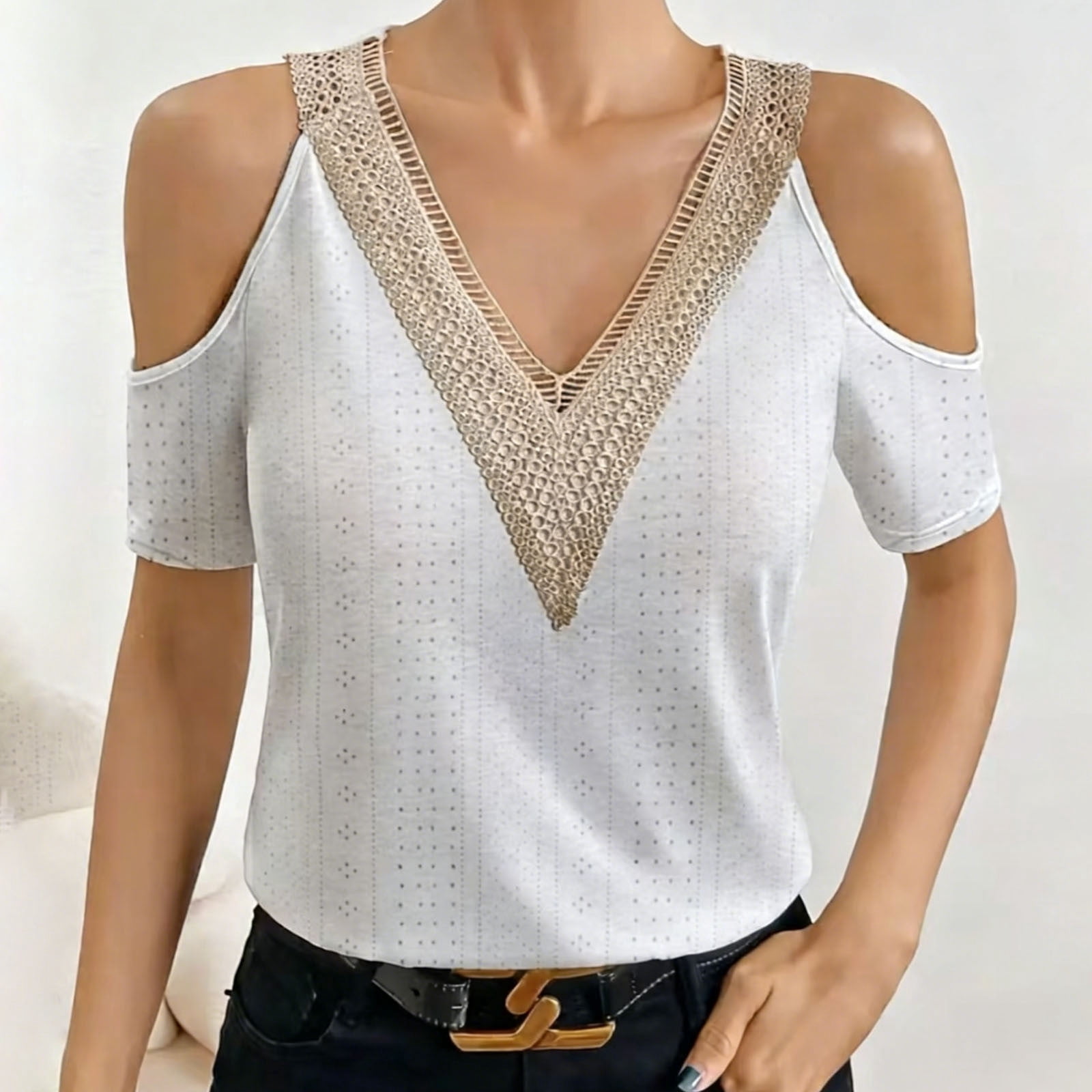 Ayolanni Outerwear Basic Tees for Workout Lace Cutout V-Neck Short ...