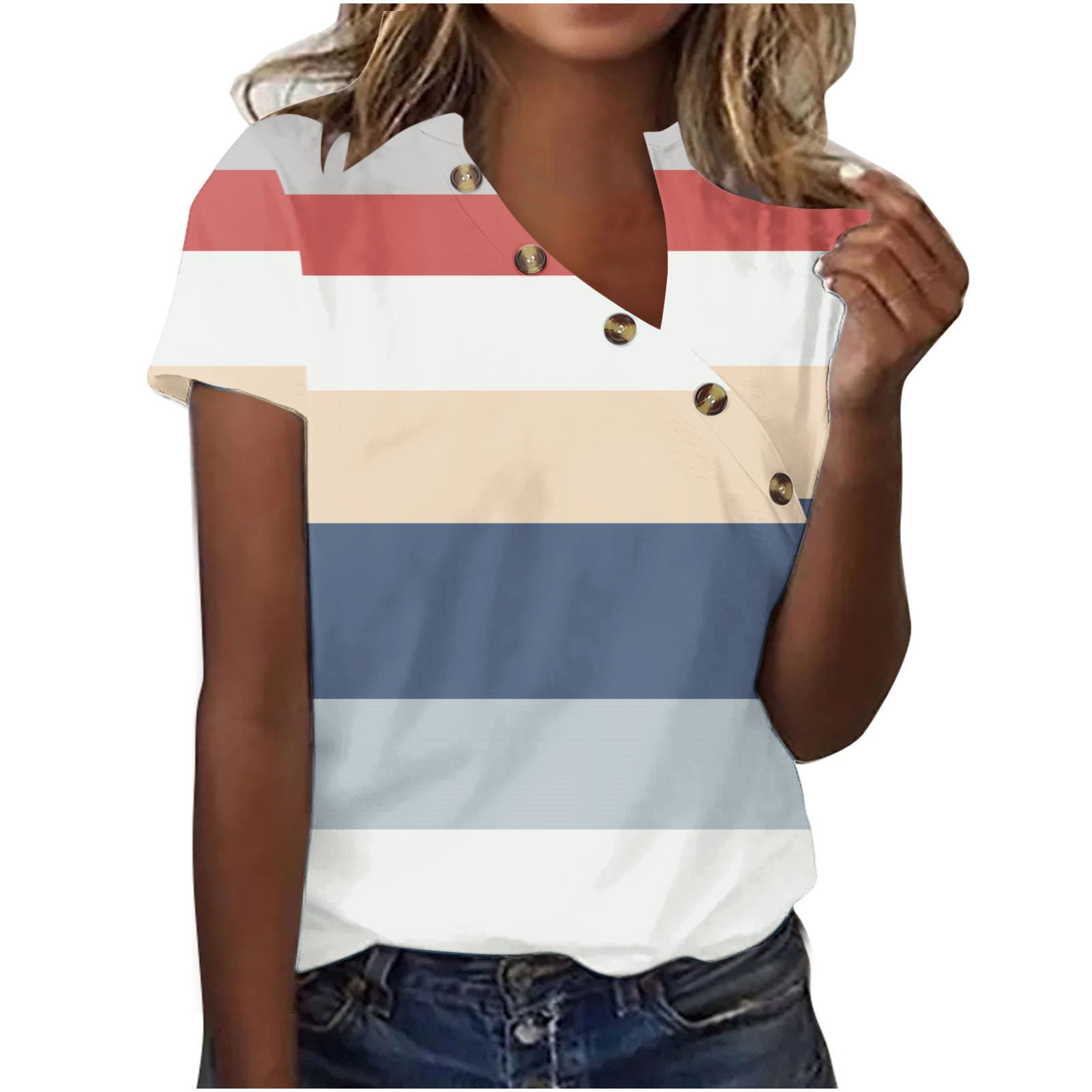 Ayolanni Outerwear Blouses for Women Color Block Short Sleeve V-Neck T ...
