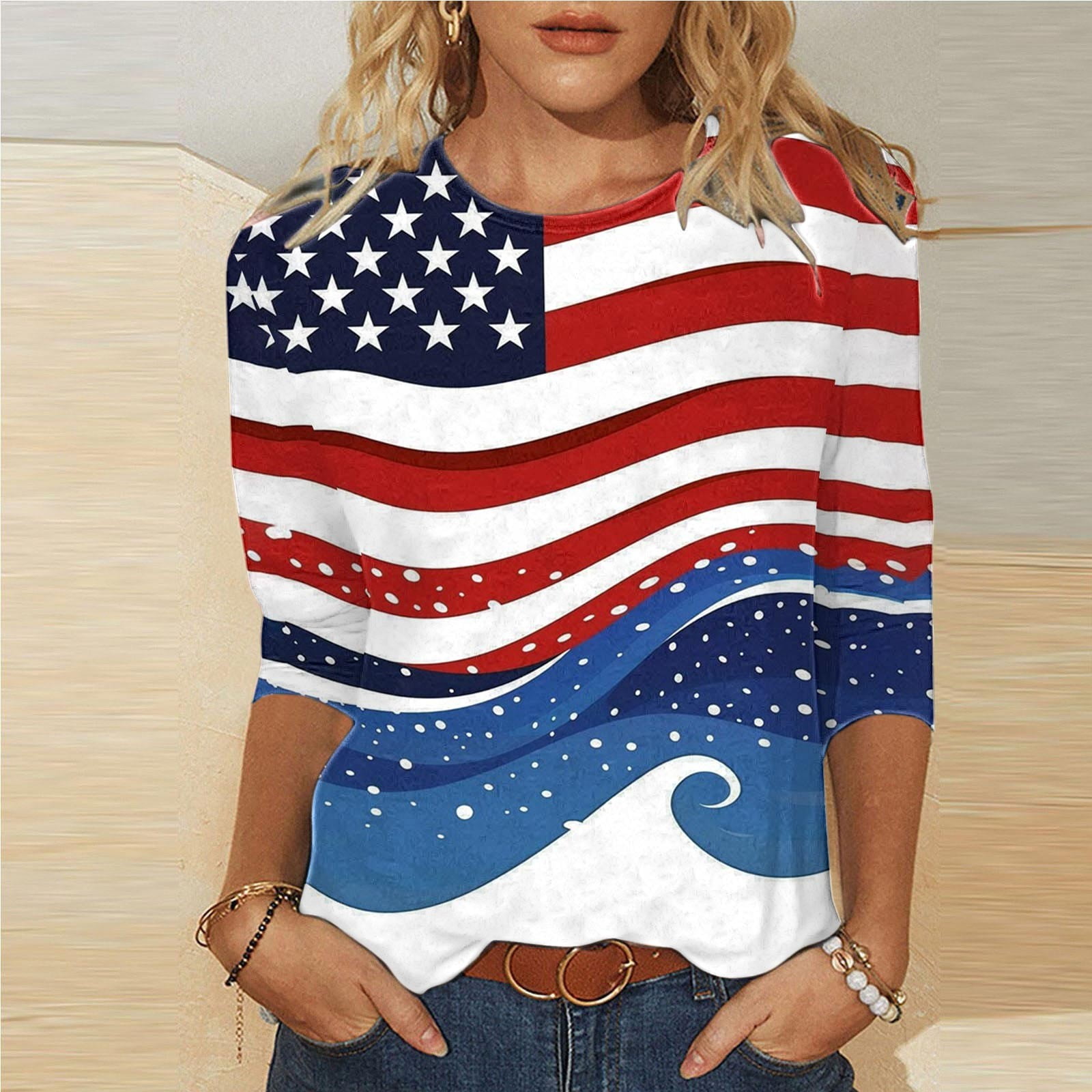 Ayolanni Oversized Tops for Women Independence Day 3/4 Sleeve American ...