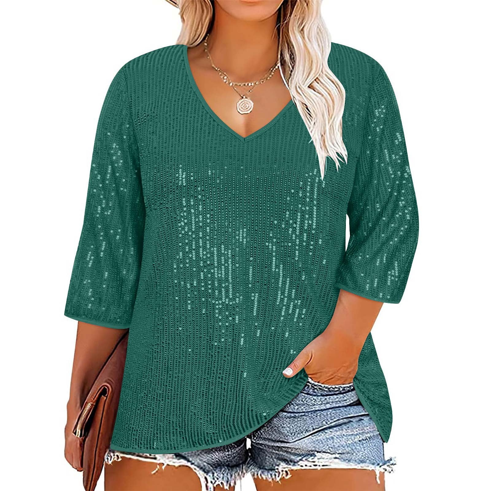 Ayolanni Oversized Womens Tops Sequin Green V-Neck 3/4 Length Sleeve ...