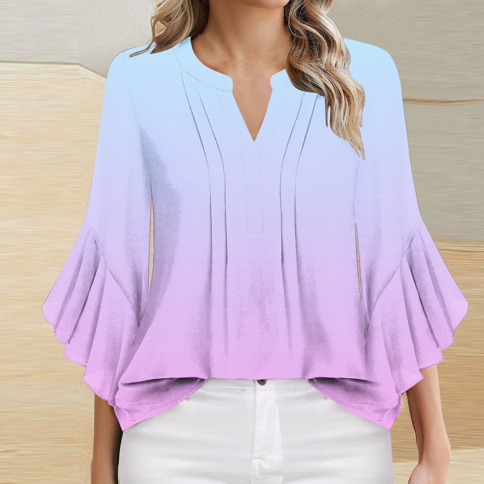 Ayolanni Peplum 2026 Spring Outfits Gradient Color V-Neck 3/4 Sleeve ...