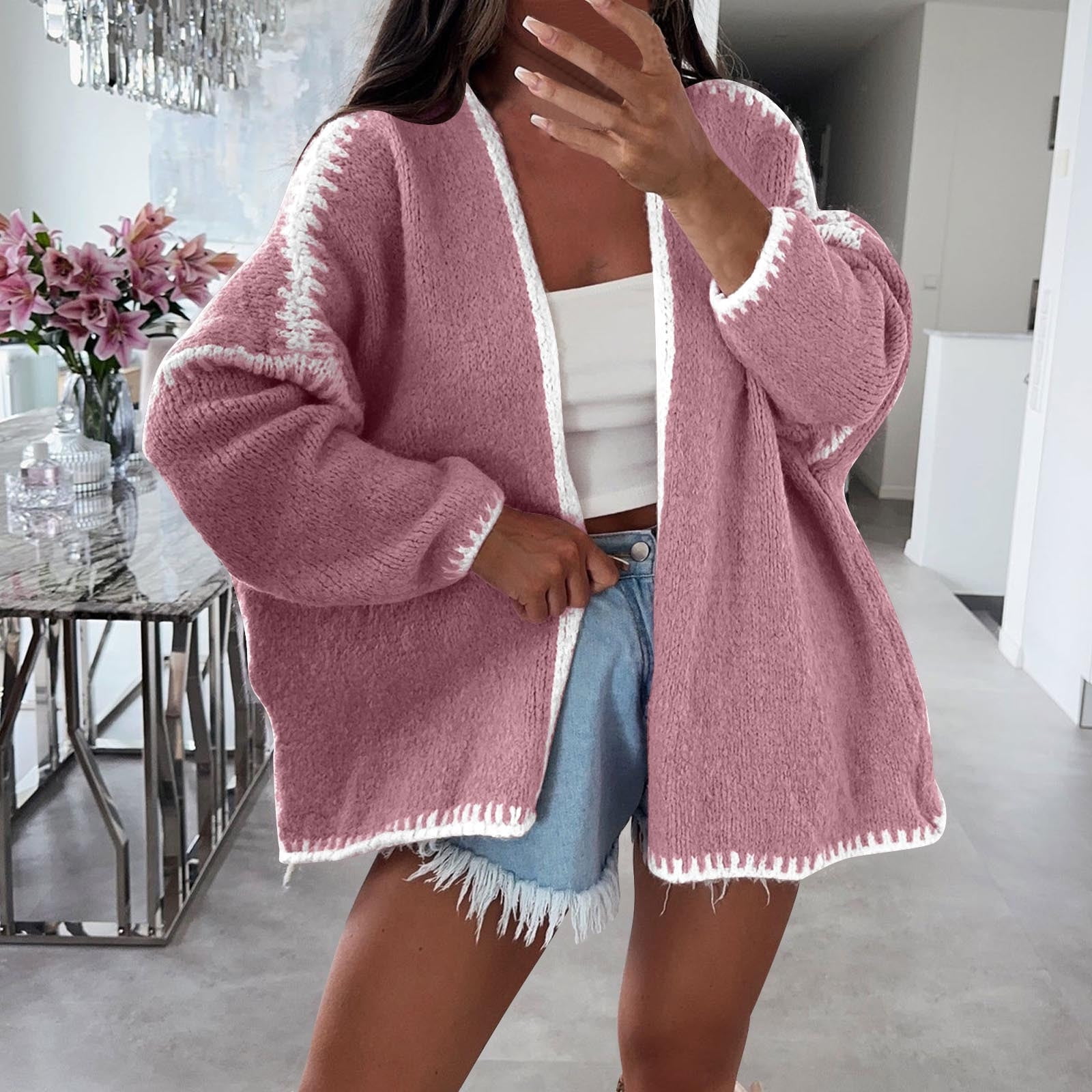 Ayolanni Pink Jackets for Women Oversized Knit Long Sleeve Colorblock ...