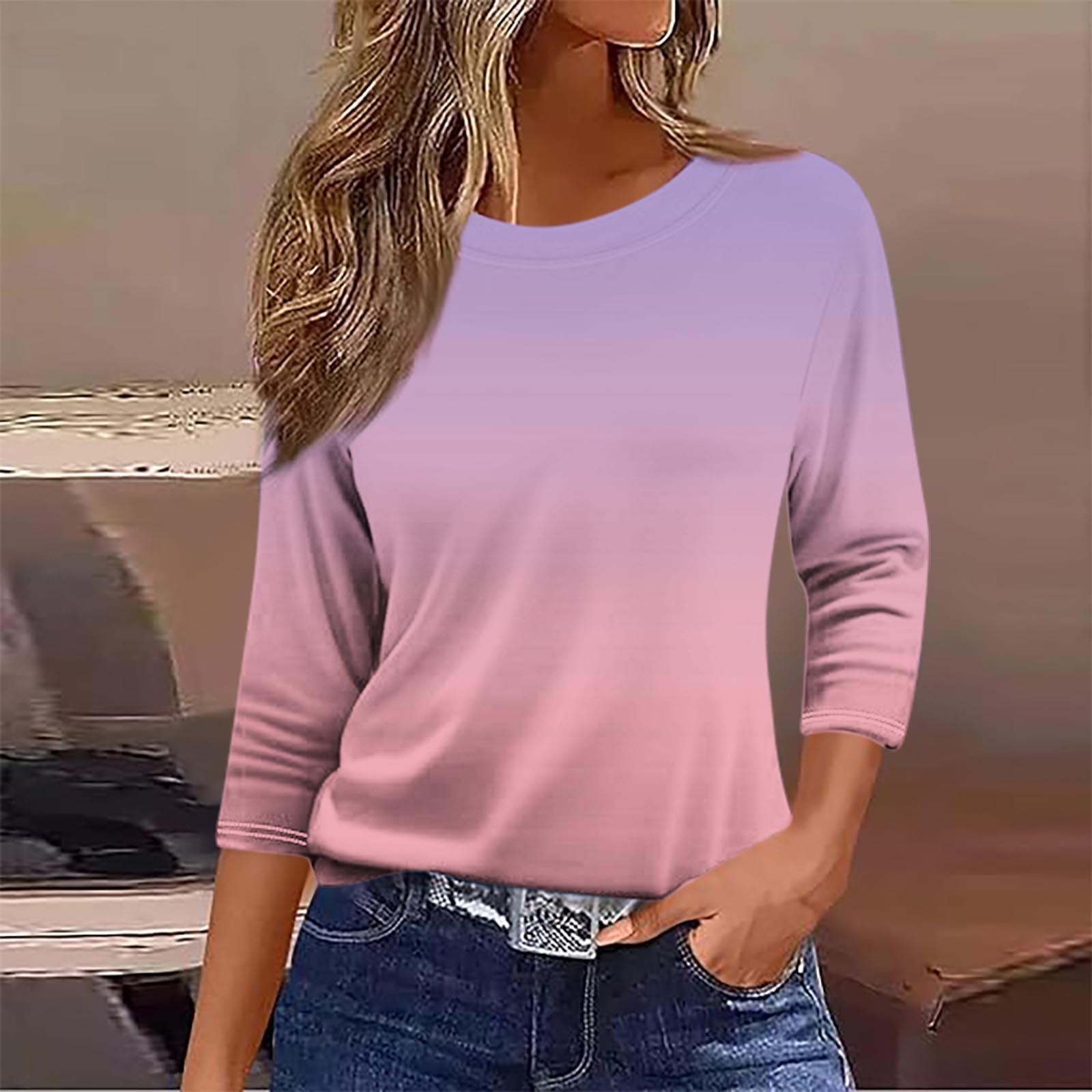 Ayolanni Pink Womens Blouses Clearance Linen 3/4 Sleeve Ombre Blouses ...