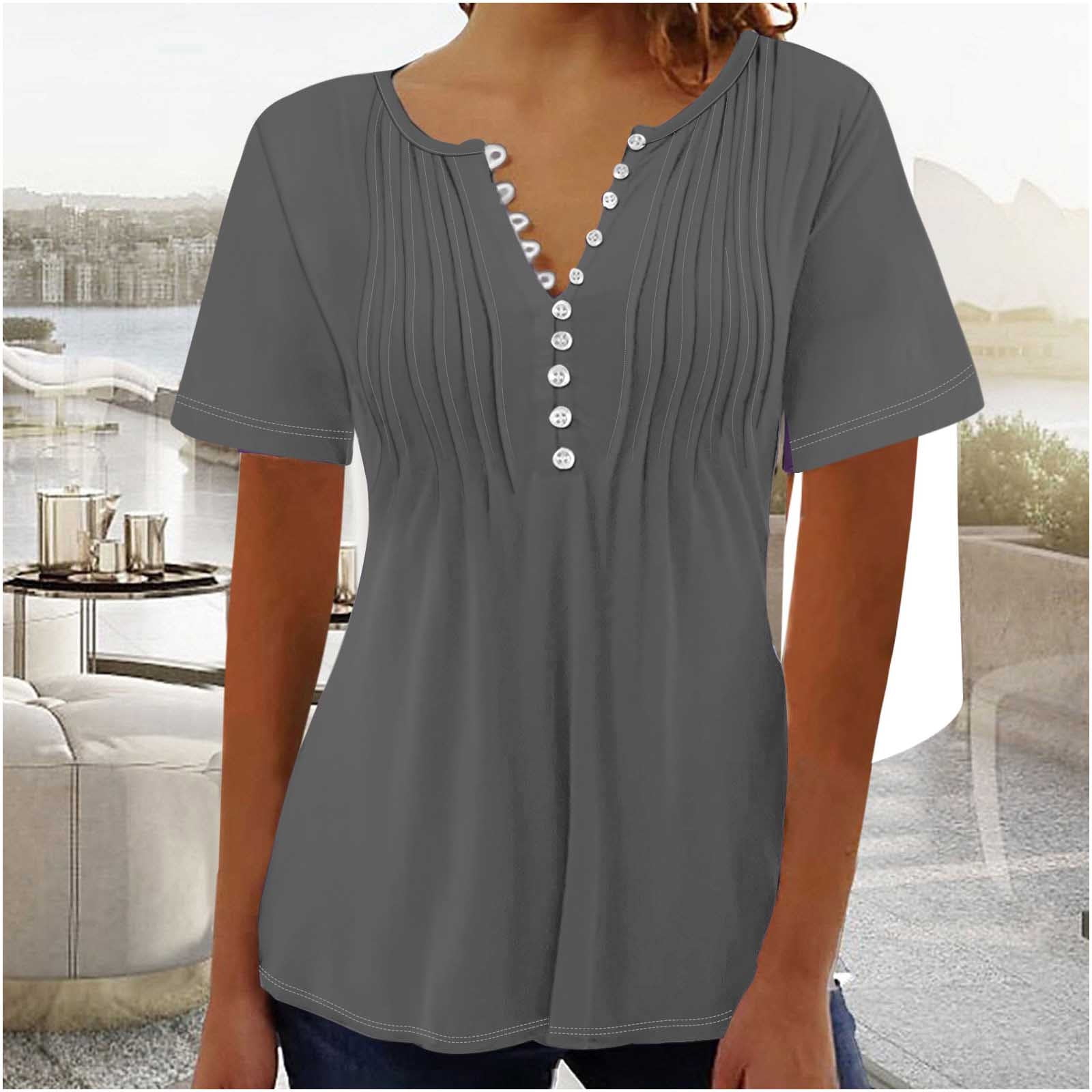 Ayolanni Pleated Summer Women Blouses Short Sleeve Solid Casual V-Neck ...