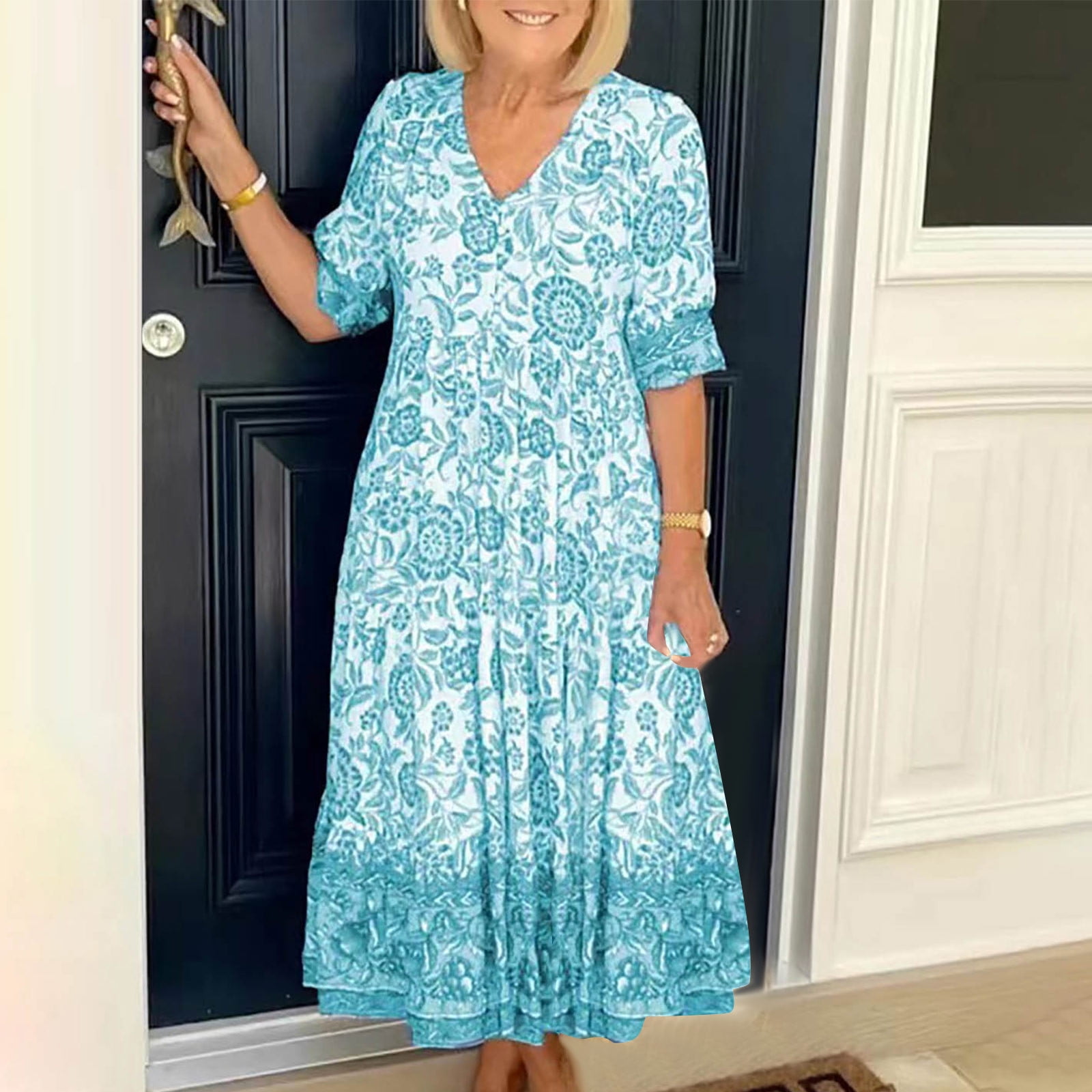 Ayolanni Plus Size Dresses for Curvy Women Vacation V-Neck Green Floral ...