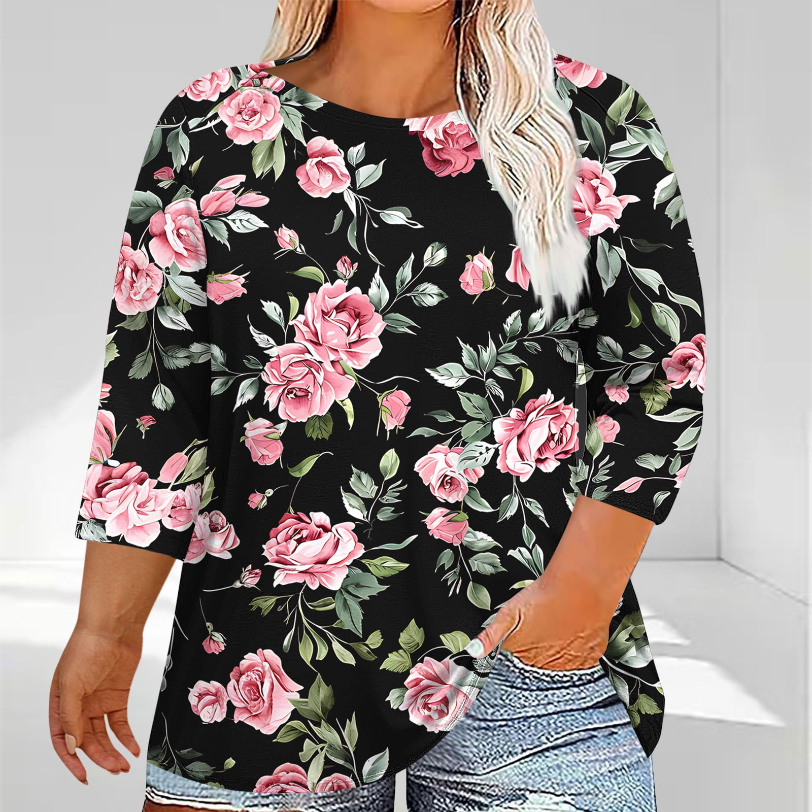 Ayolanni Plus Size Women's Shirts and Blouses 3/4 Sleeve Black Crew ...