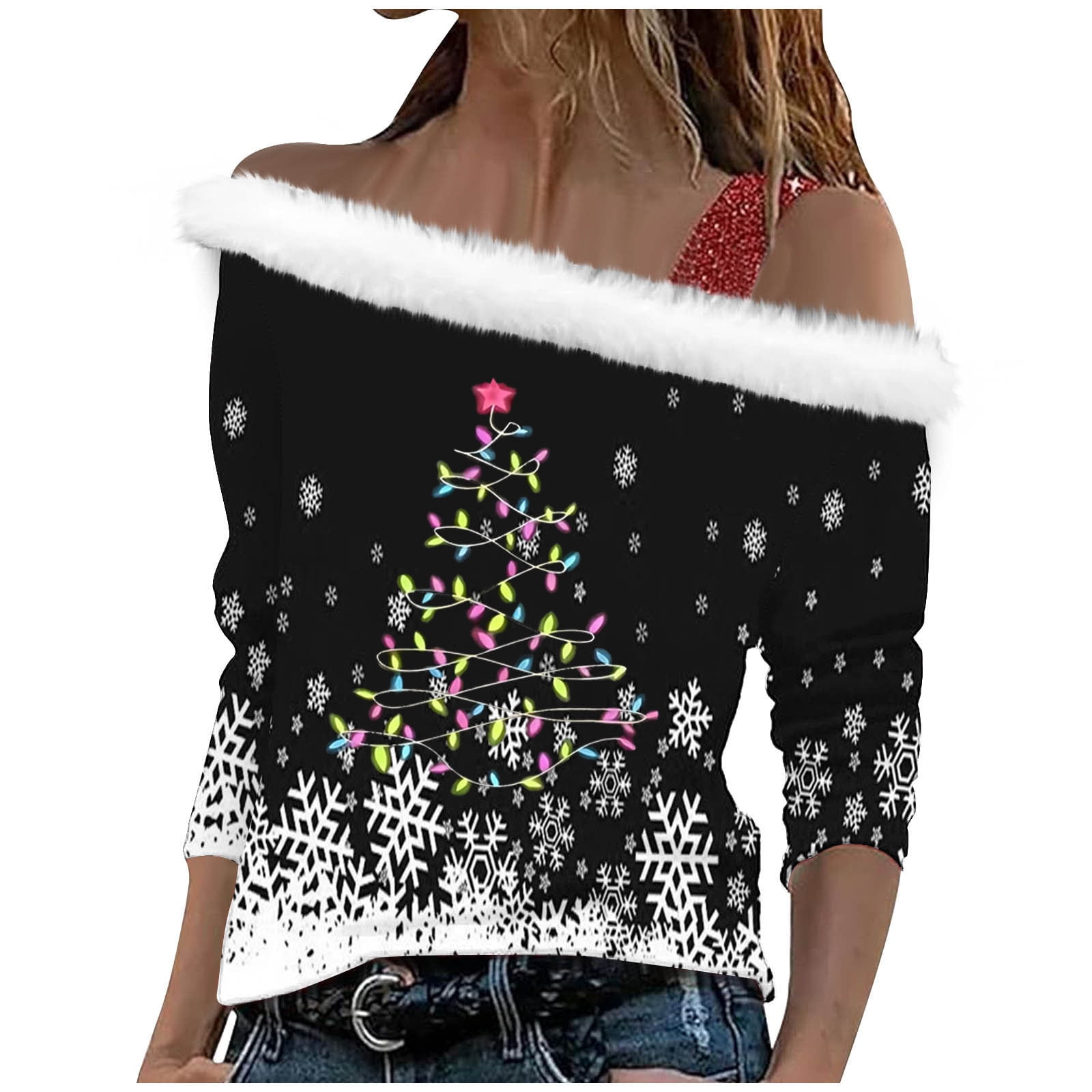 Ayolanni Plush Cute Tops For Women Going Out Black 34 Sleeve Christmas Cold Shoulder Blouses