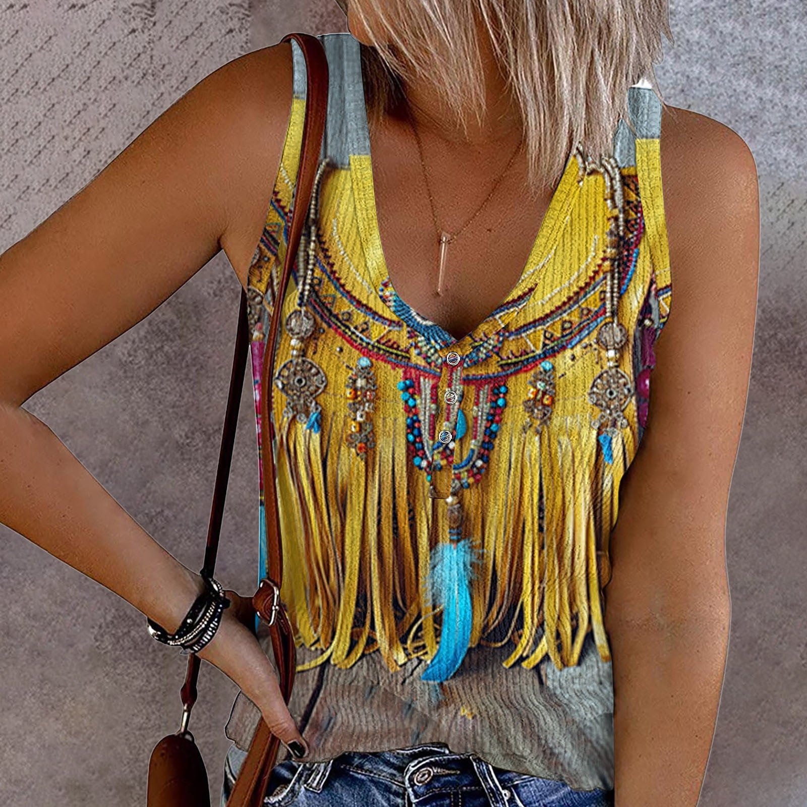Ayolanni Printed Shirts for Women Dressy Crop Sleeveless Retro Henley ...