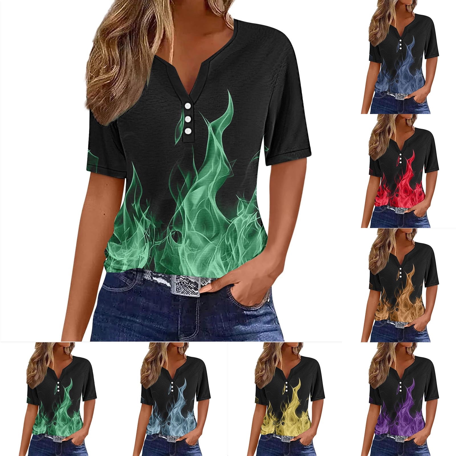 Ayolanni Printed Summer Women Blouses Short Sleeve Button Down Flowy V ...