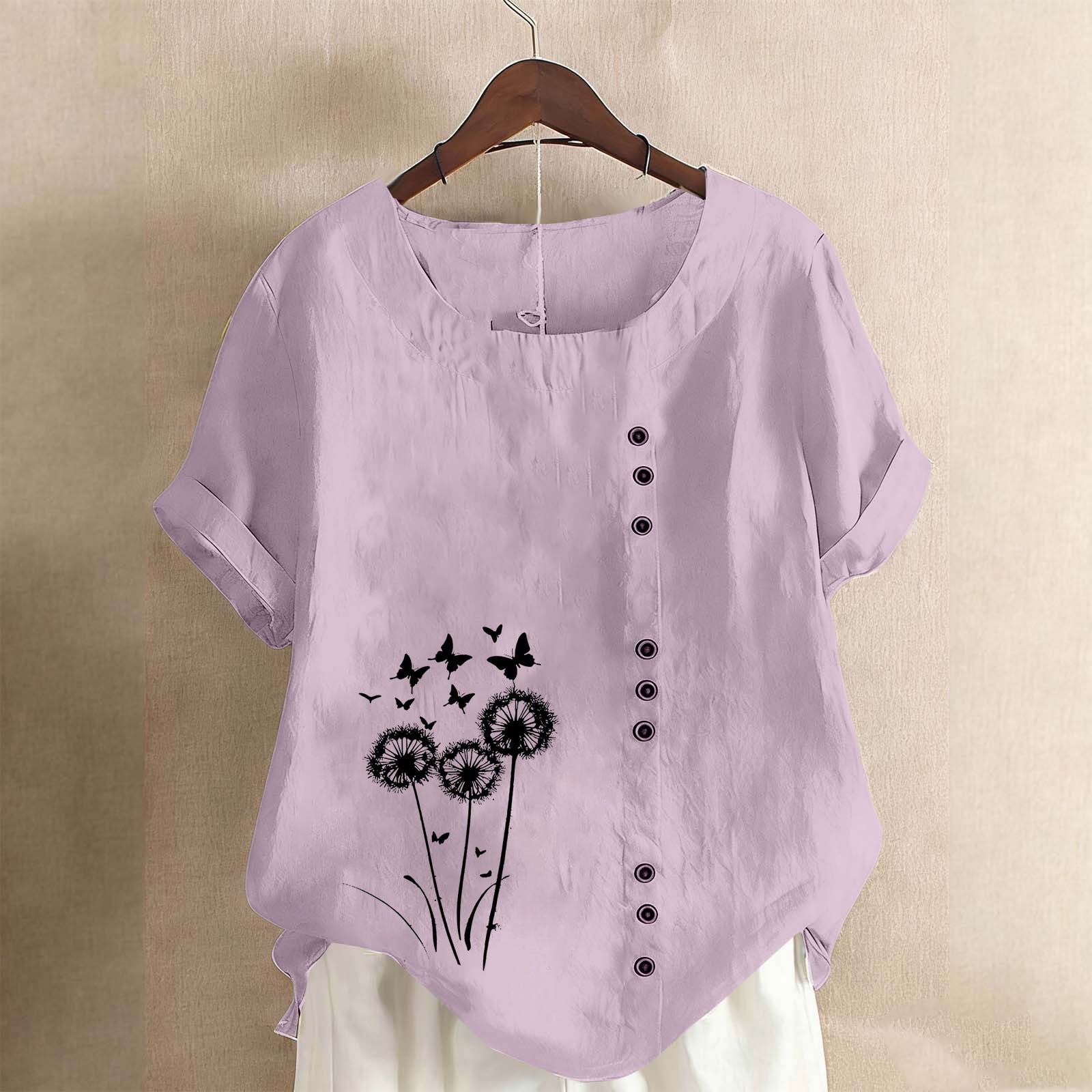 Ayolanni Printed Womens Blouses Scoop Neck Cotton Blend Short Sleeve ...