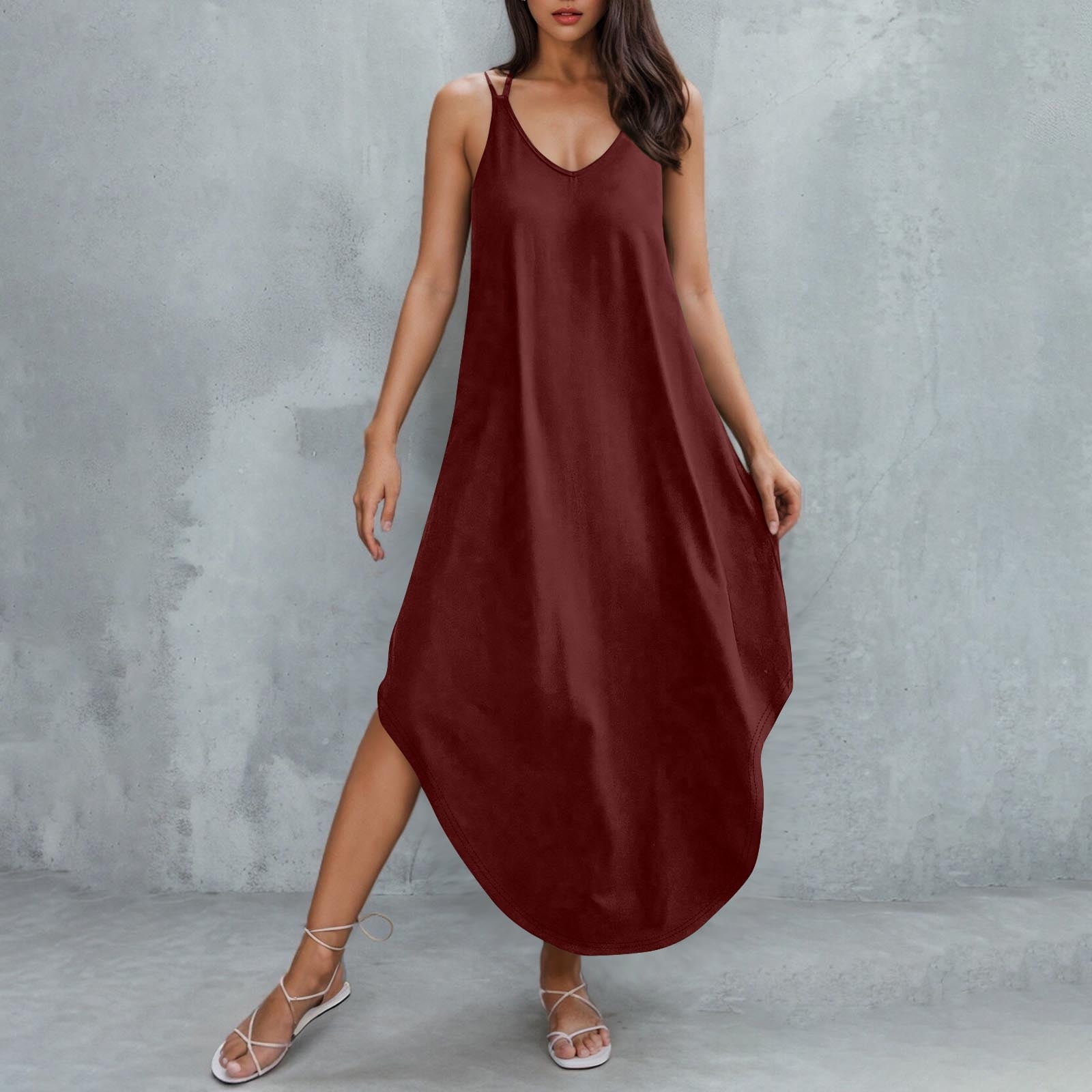 Ayolanni Red Summer Dresses for Women 2025 V-Neck Sleeveless Solid Midi ...