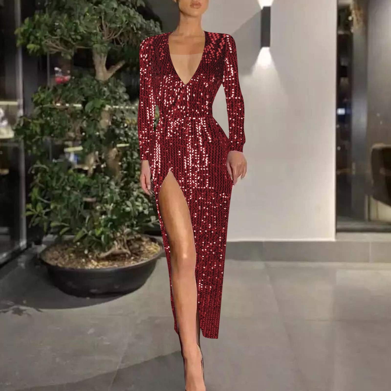 Ayolanni Red Sun Dresses for Women 2025 Sequin V-Neck Bodycon Long ...