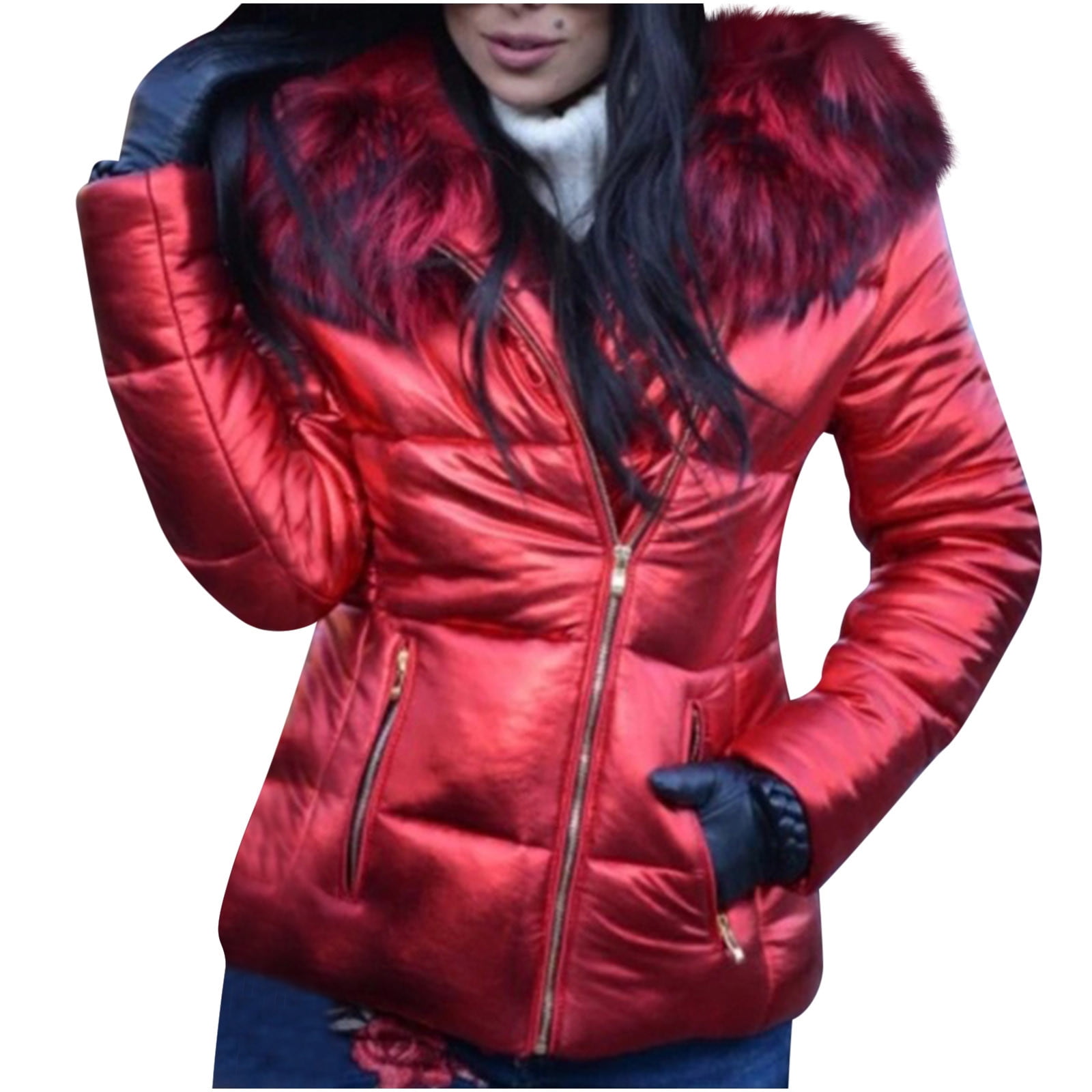 Ayolanni Red Women Coats Puffer Quilted Hooded Zip Up Long Sleeve Solid ...
