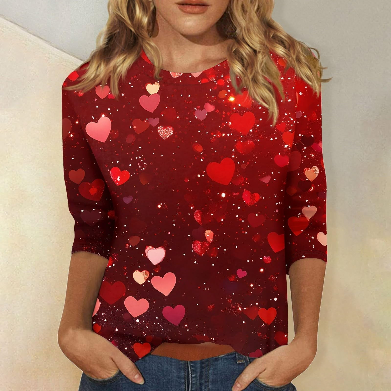 Ayolanni Red Women's Tops 3/4 Sleeve Valentine's Day Crew Neck Pullover ...