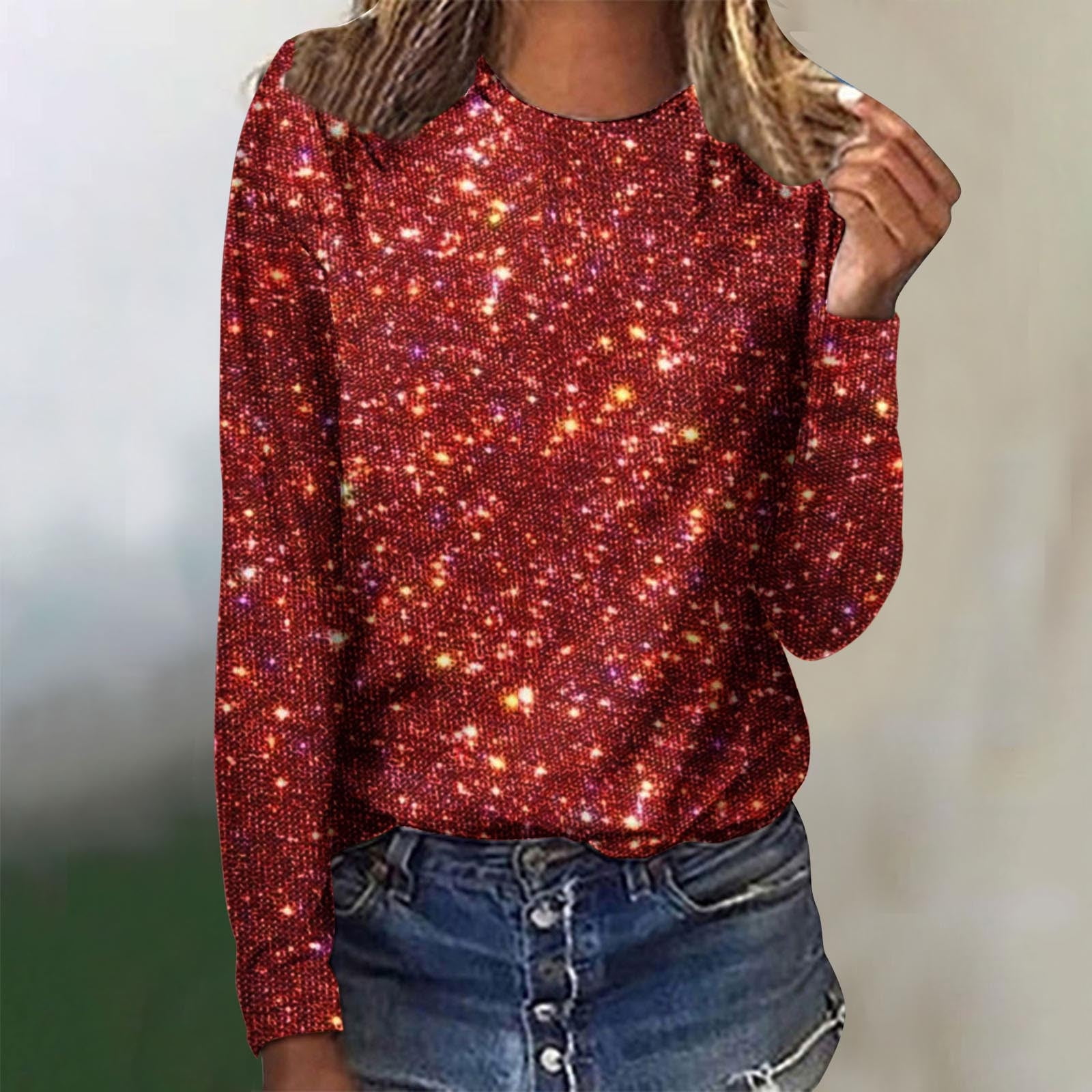 Ayolanni Red Women's Tops Long Sleeve Crew Neck Pullover Sequin Blouses ...