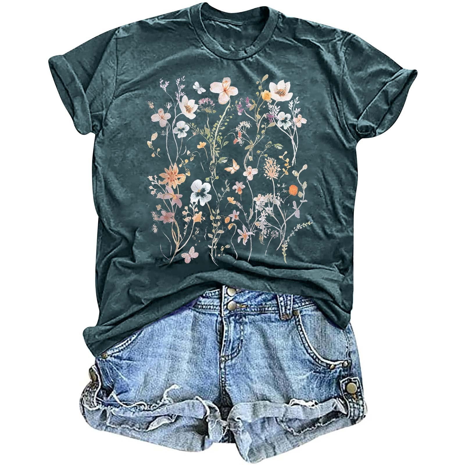 Ayolanni Rolled Womens Blouses Ditsy Floral Short Sleeve Basic Crew ...