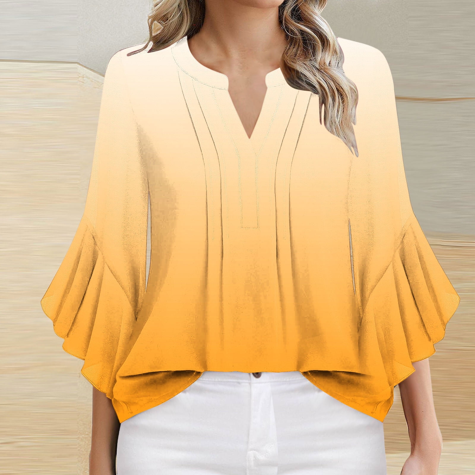 Ayolanni Ruched Womens T Shirts V-Neck 3/4 Sleeve Gradient Color Peplum ...