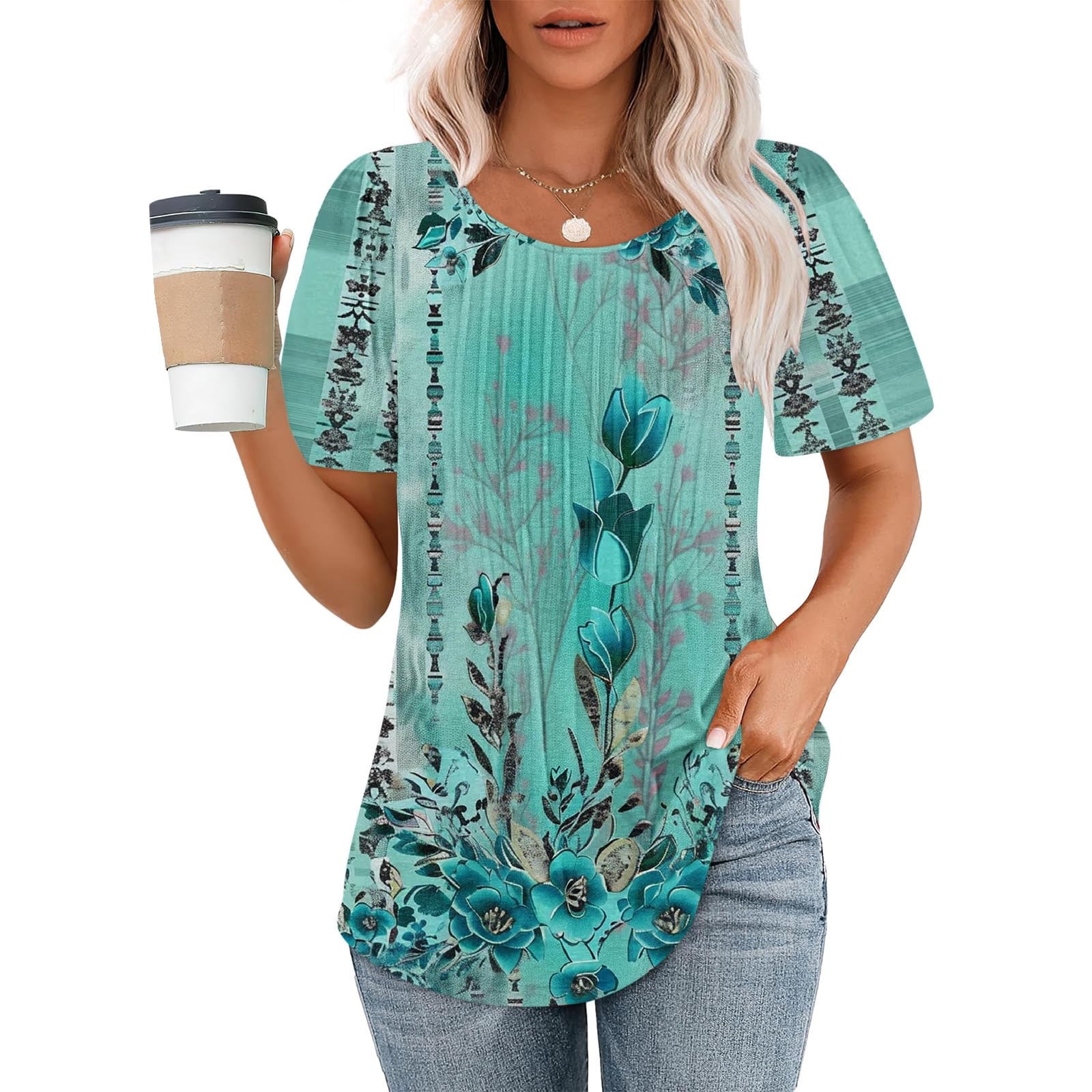 Ayolanni Scoop Neck Summer Shirts for Women Casual Floral Short Sleeve ...
