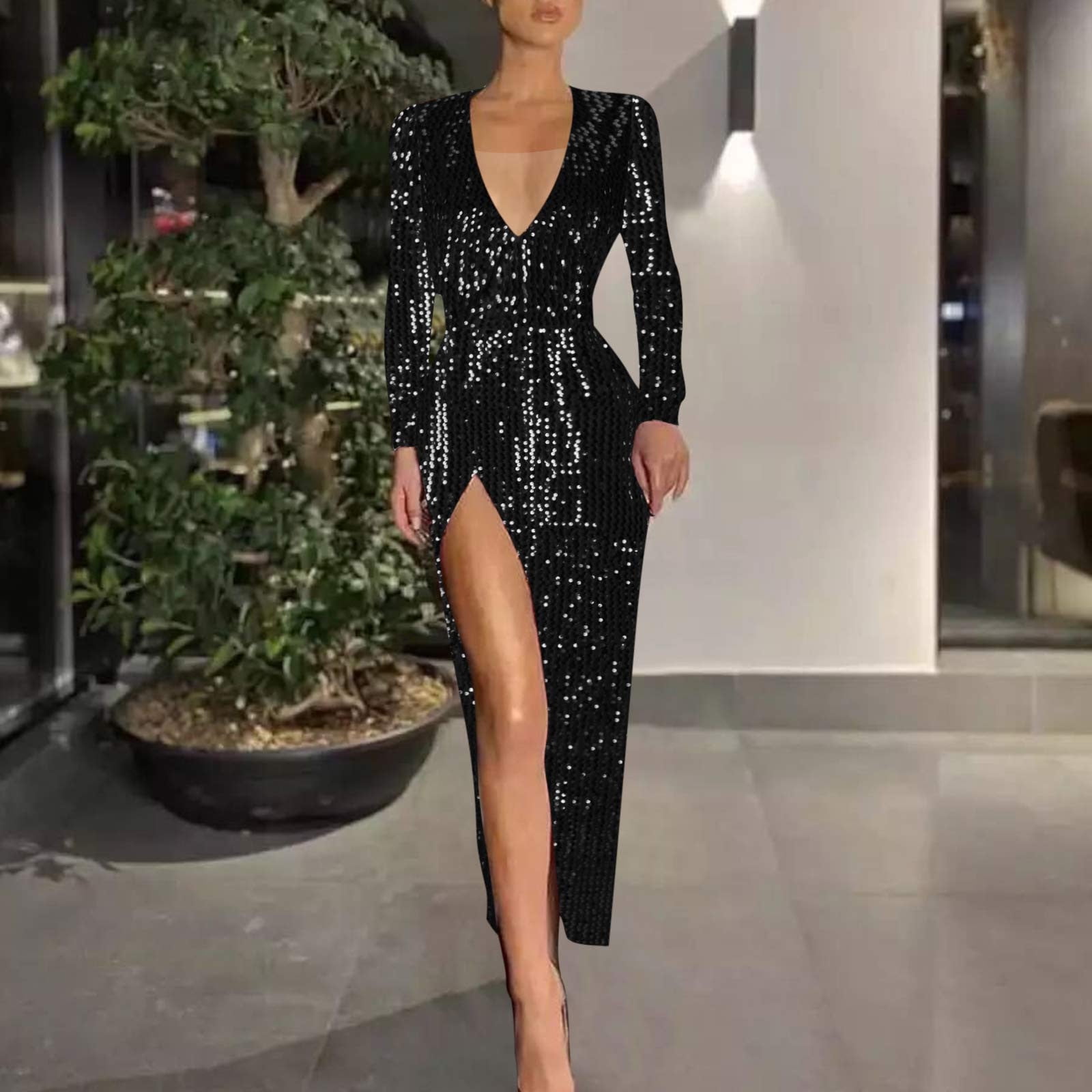 Ayolanni Sequin Sun Dresses Women V-Neck Black Bodycon Evening Gown ...