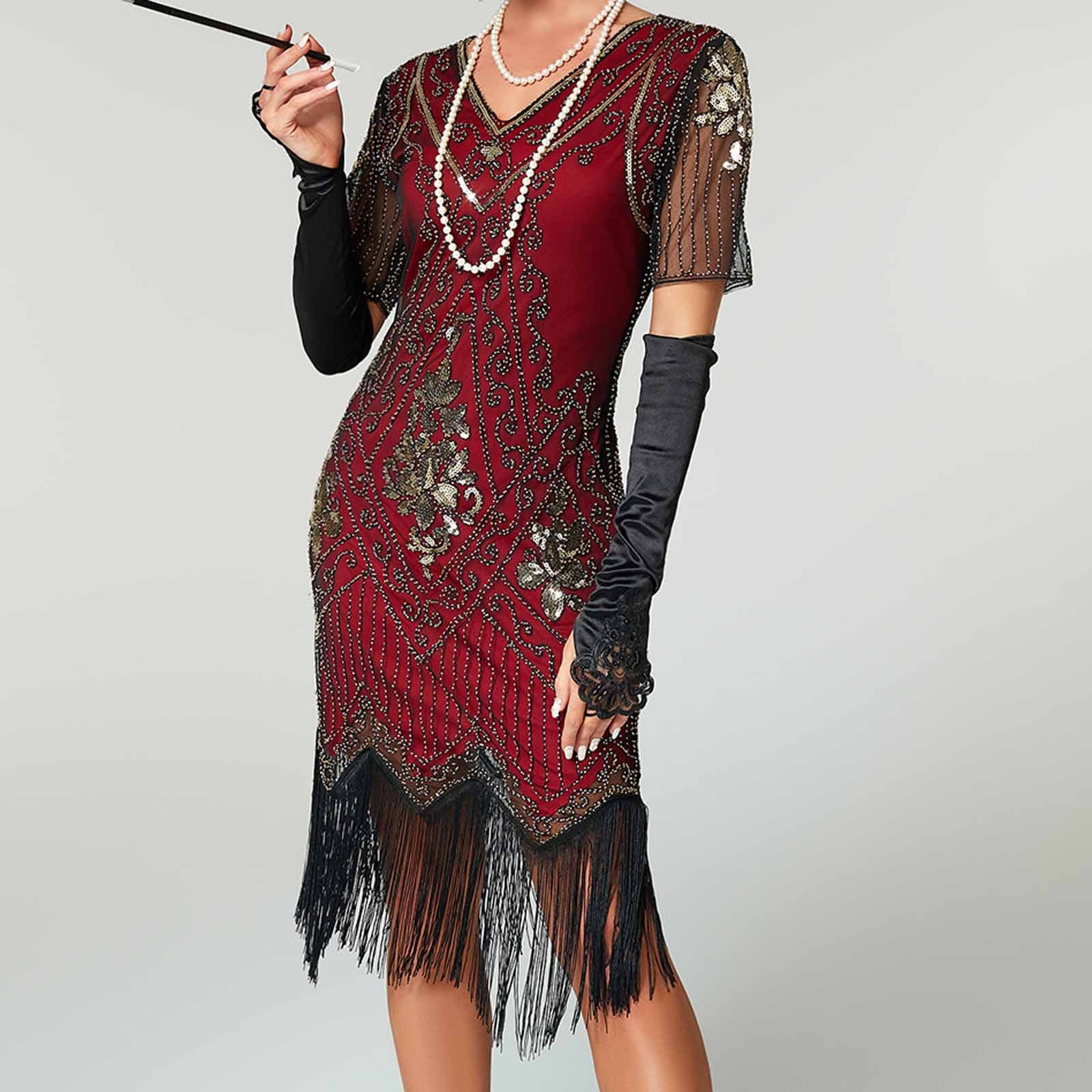 Ayolanni Sequin Sun Dresses for Women Red Fringe V-Neck Evening Gown ...