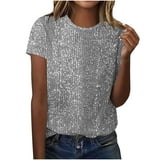 Ayolanni Sequin Womens Tops Gray Short Sleeve Going out Sparkle ...