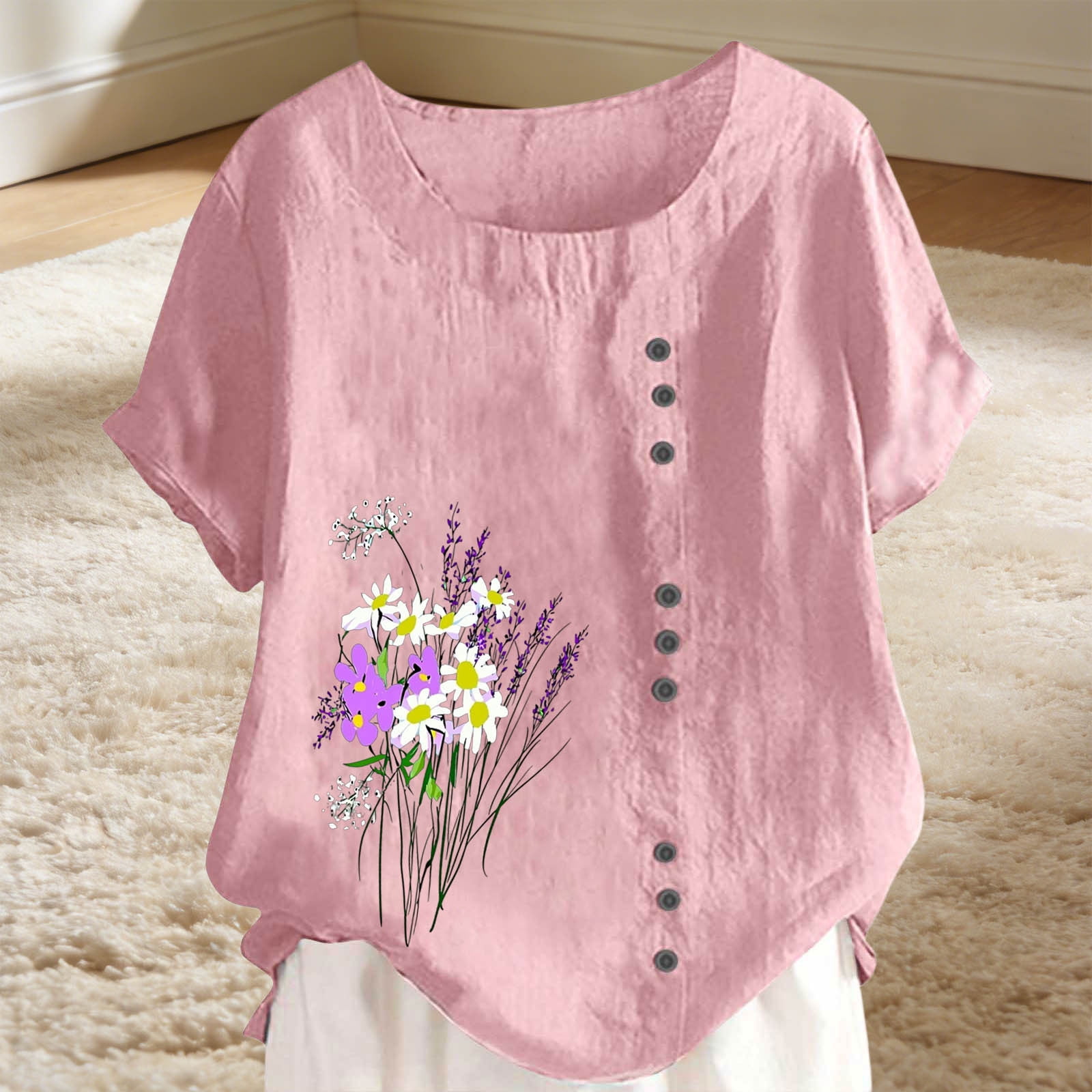 Ayolanni Short Sleeve 2026 Summer Tops Casual Rolled Floral Print Crew ...