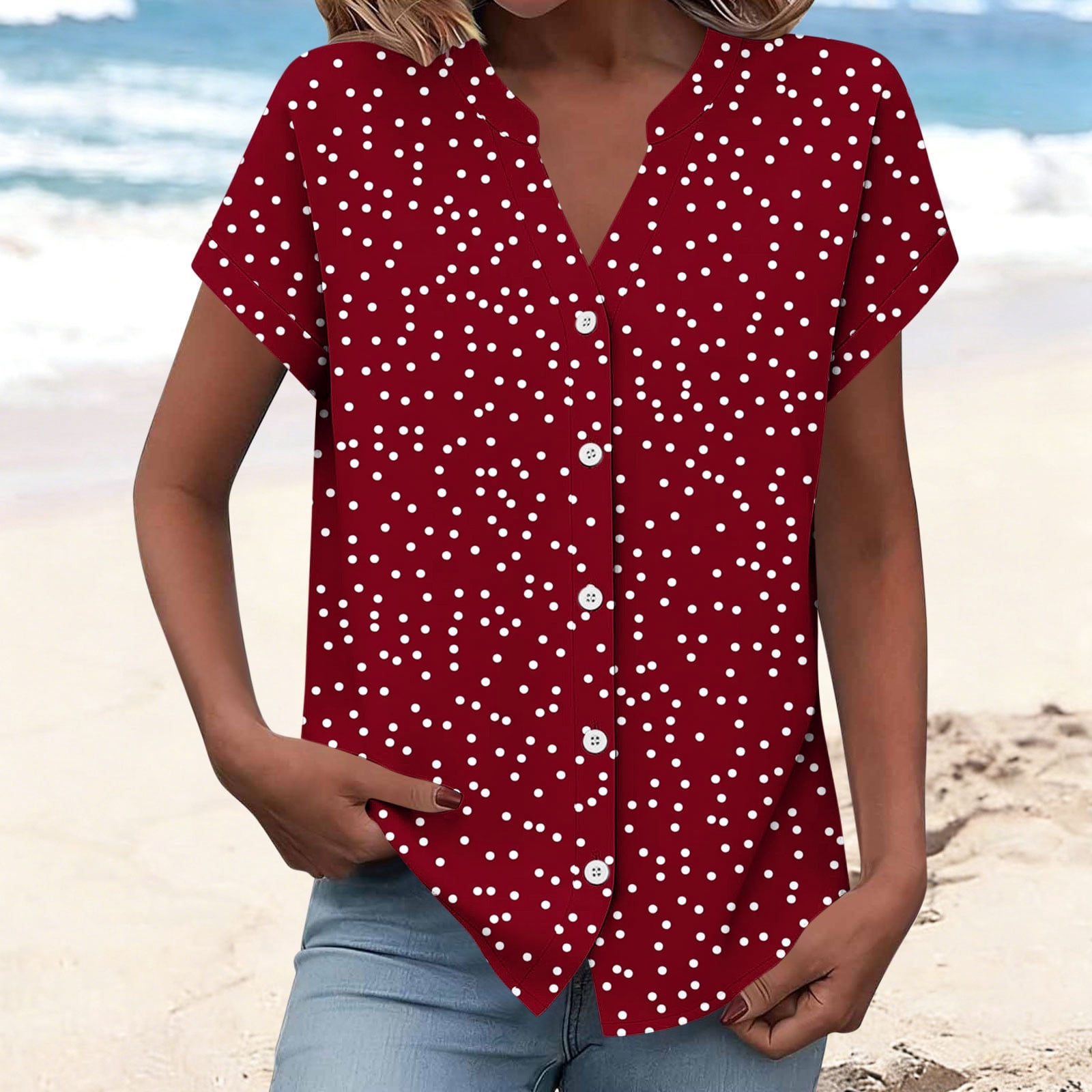 Ayolanni Short Sleeve Basic Tees for Women V-Neck Workout Polka Dot ...