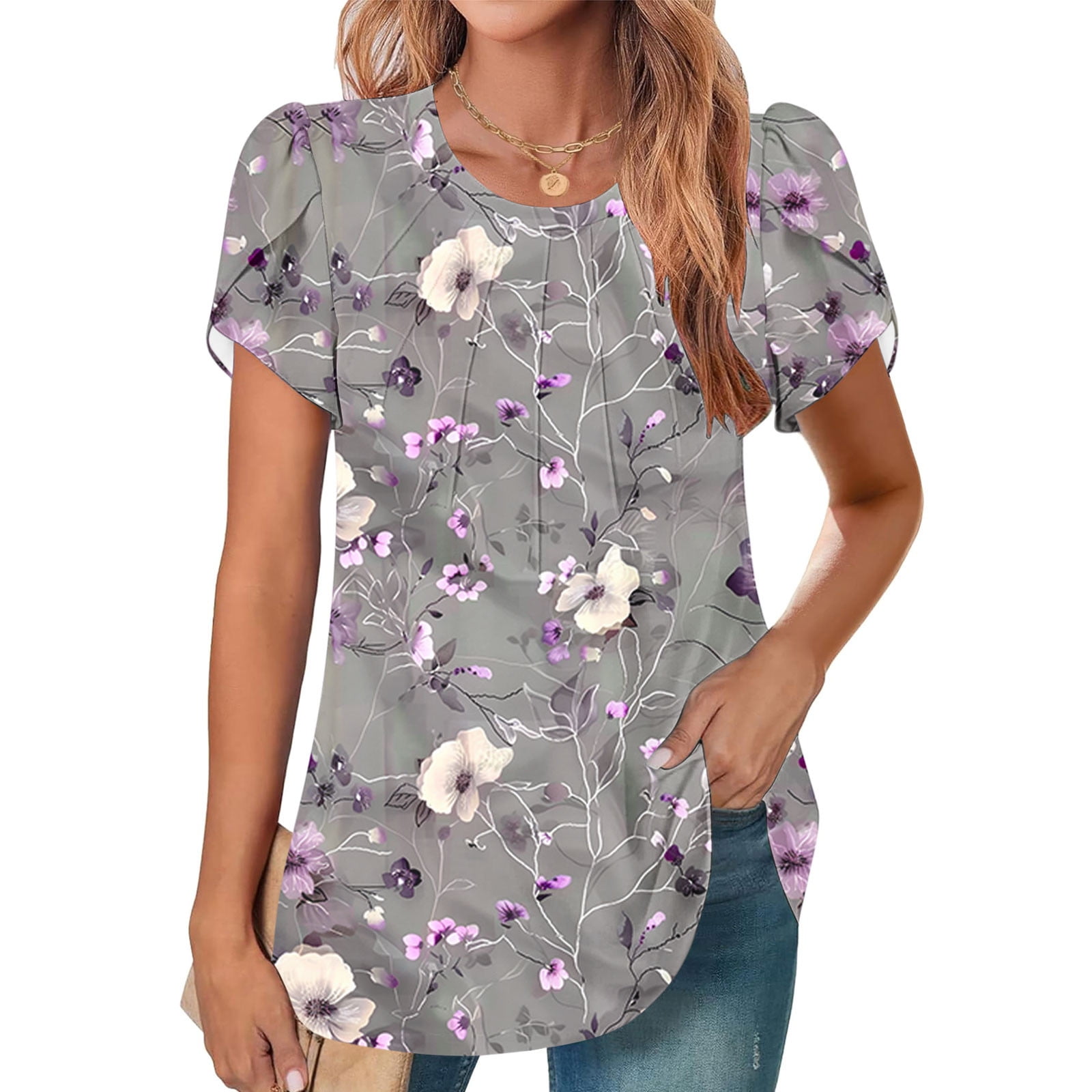 Ayolanni Short Sleeve Blouses for Women Trendy Floral Scoop Neck Tunic ...