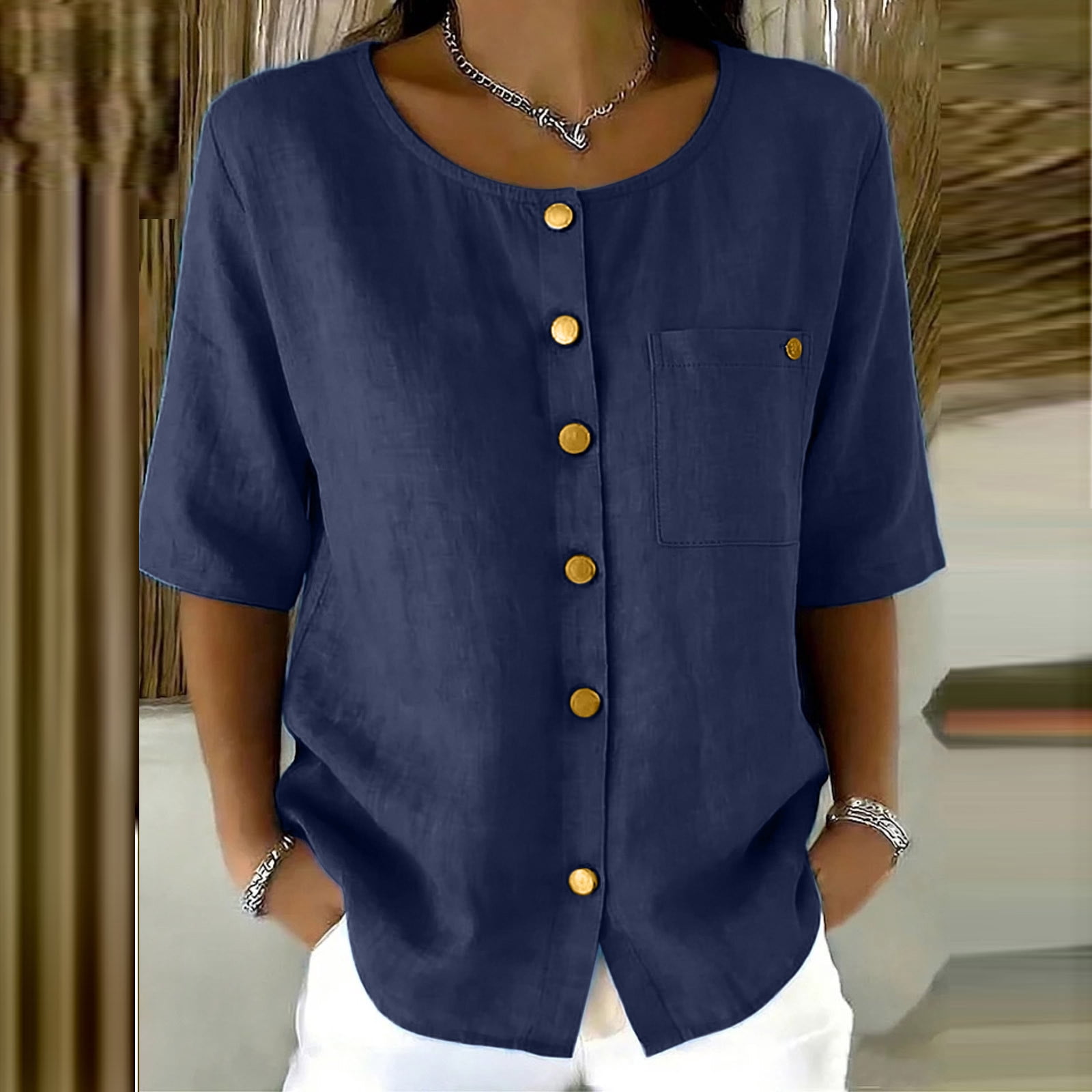 Ayolanni Short Sleeve T Shirts for Women Cotton Linen Solid Henley ...