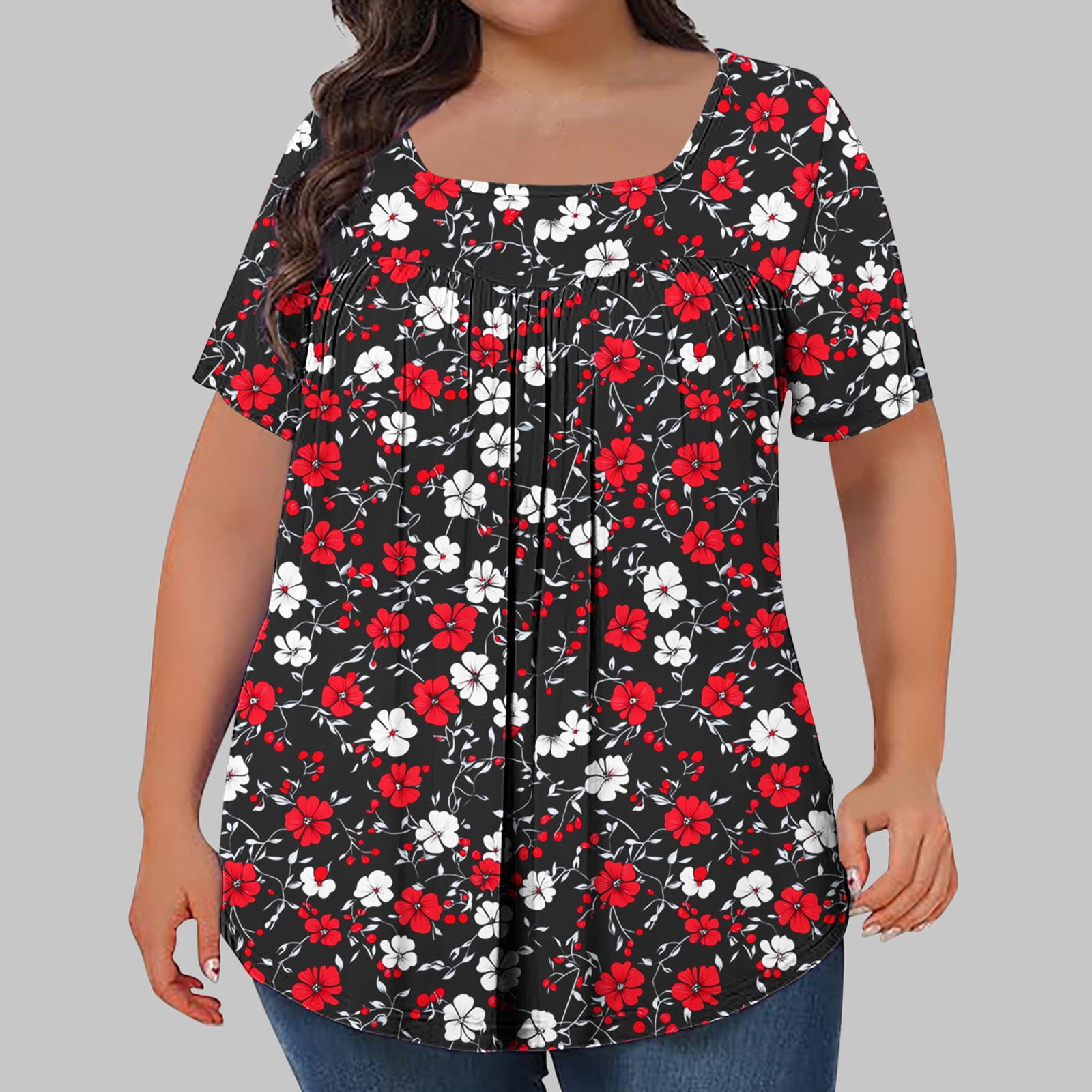 Ayolanni Short Sleeve Women Blouses for Work Plus Size Red Floral Print ...