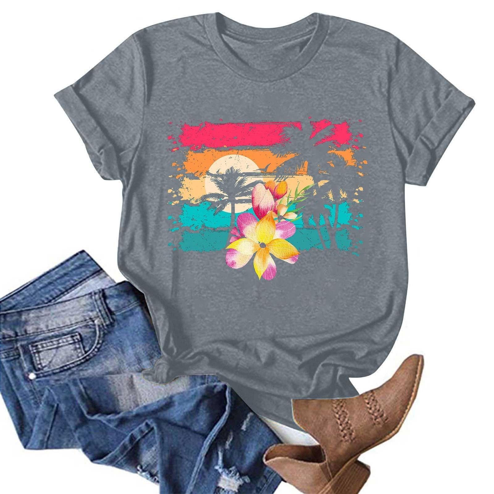Ayolanni Short Sleeve Womens Blouses Beach Crew Neck Tropical Print ...