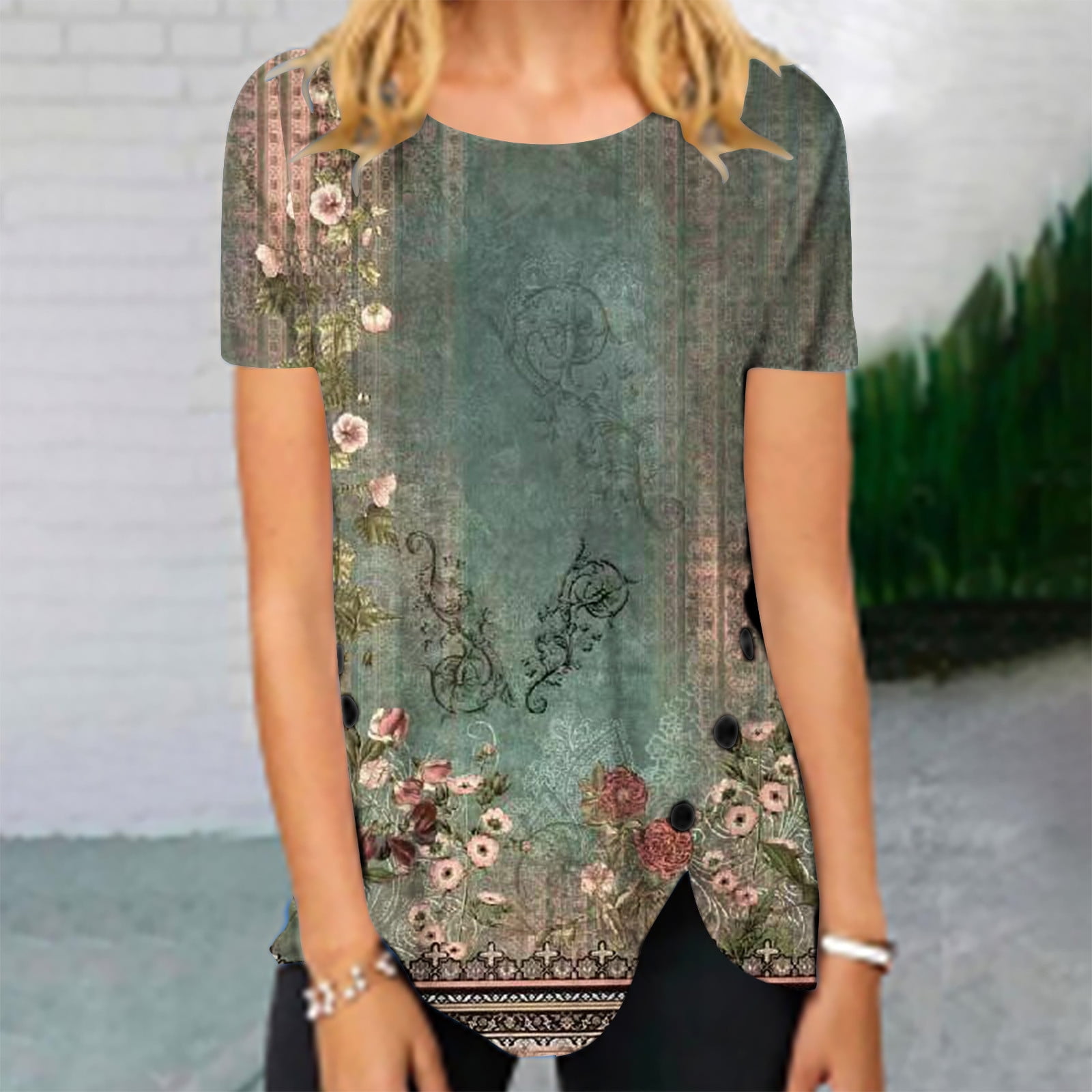 Ayolanni Short Sleeve Womens Blouses Boho Printed V-Neck Tunic Blouse ...