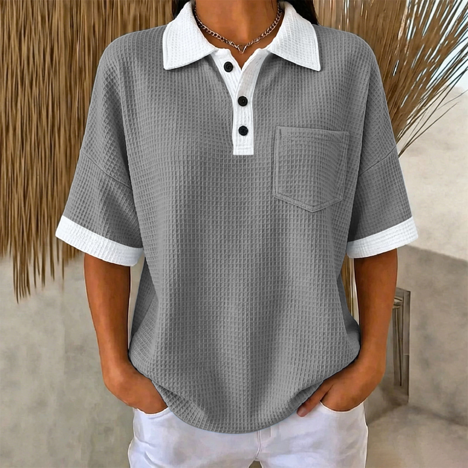 Ayolanni Short Sleeve Womens Blouses Color Block Waffle V-Neck Blouse ...