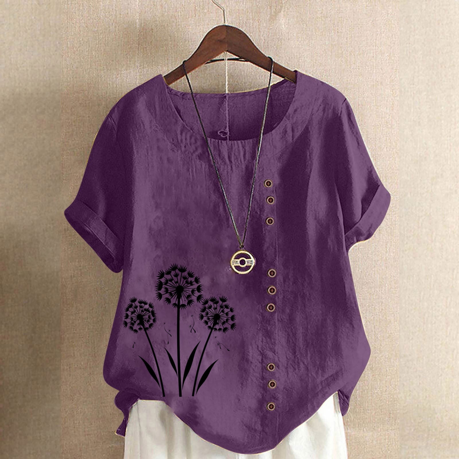 Ayolanni Short Sleeve Womens Blouses Linen Scoop Neck Casual Solid ...