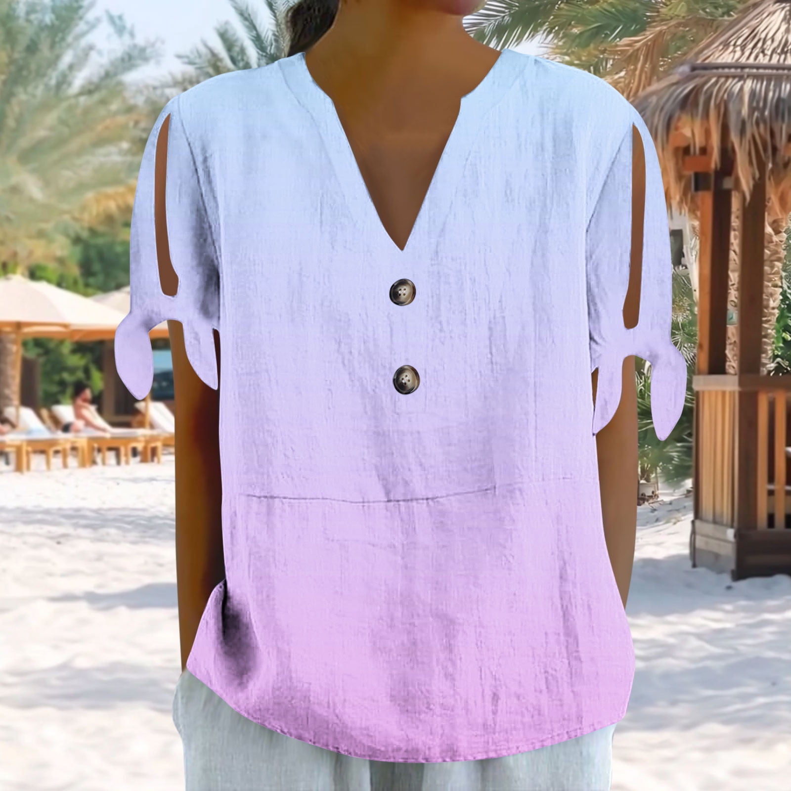 Ayolanni Short Sleeve Womens Shirts V-Neck Purple Ombre Blouses & Tops ...