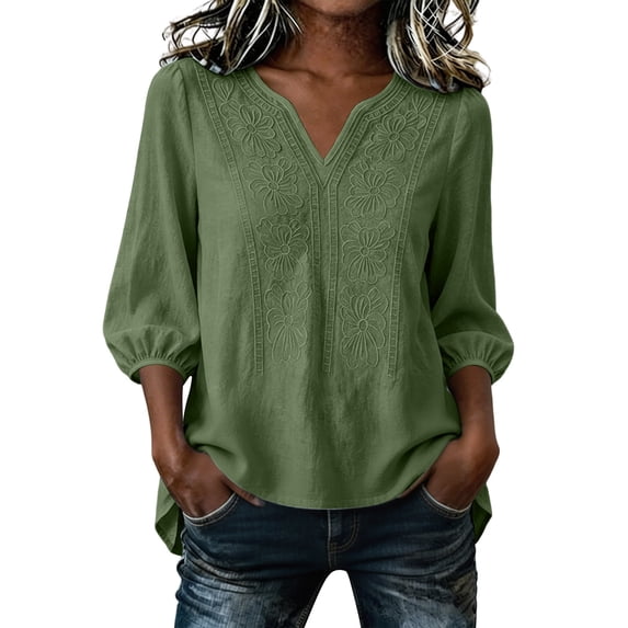 Ayolanni Solid 2026 Spring Outfits 3/4 Sleeve Cotton Linen V-Neck ...