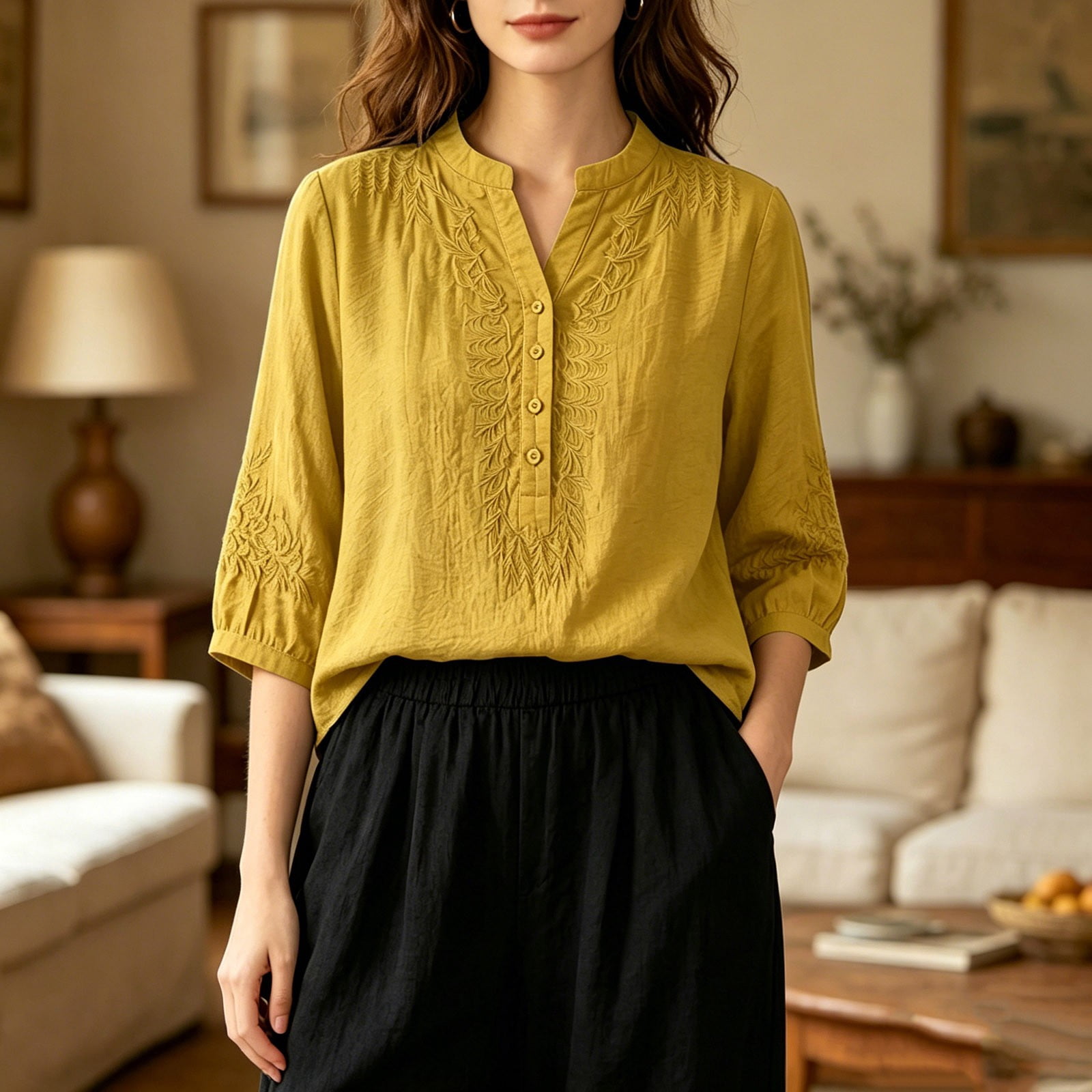 Ayolanni Solid Blouses for Women Embroidered Cotton Blend Henley 3/4 ...