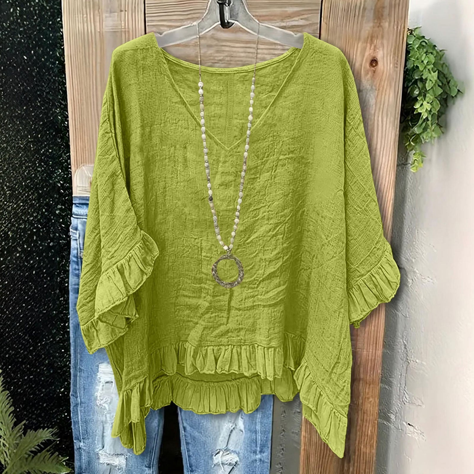 Ayolanni Solid Blouses for Women Collarless 3/4 Sleeve V-Neck Pleated ...
