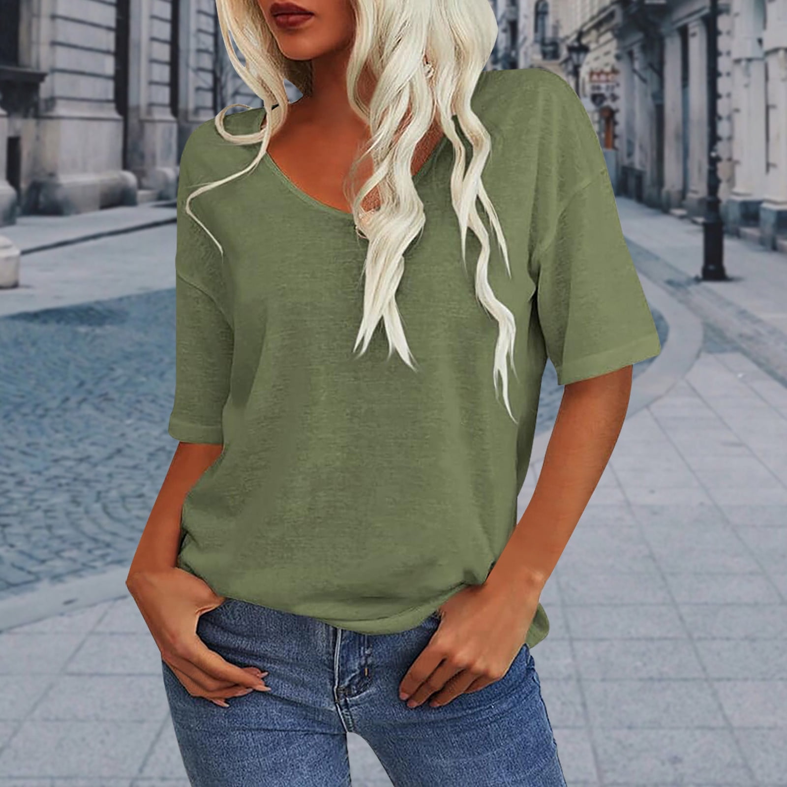 Ayolanni Solid Color Summer Blouses for Women Short Sleeve V-Neck ...