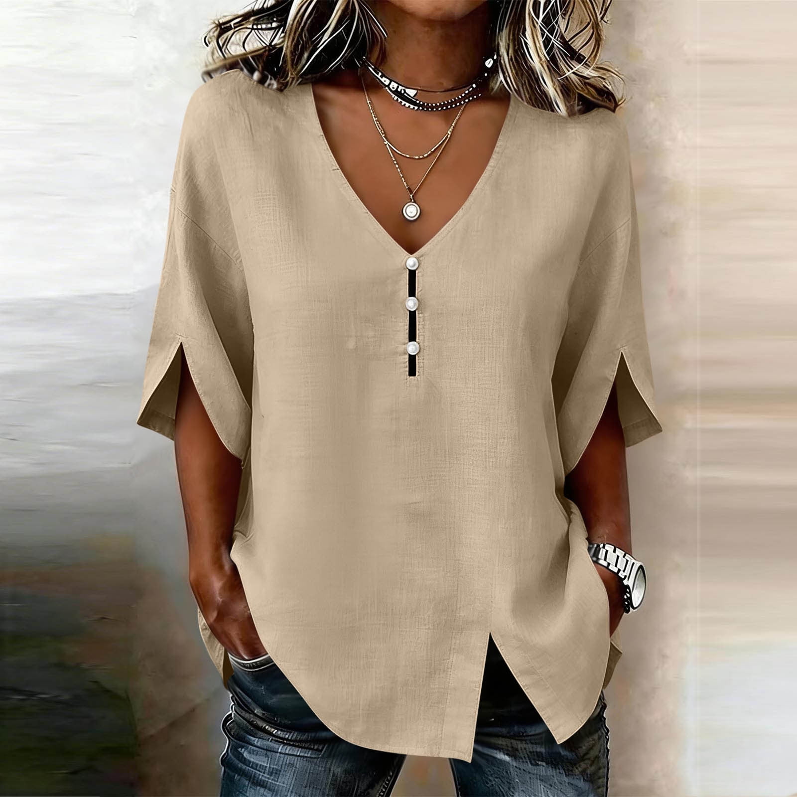 Ayolanni Solid Shirts for Women Cotton Linen V-Neck Flowy 3/4 Sleeve ...