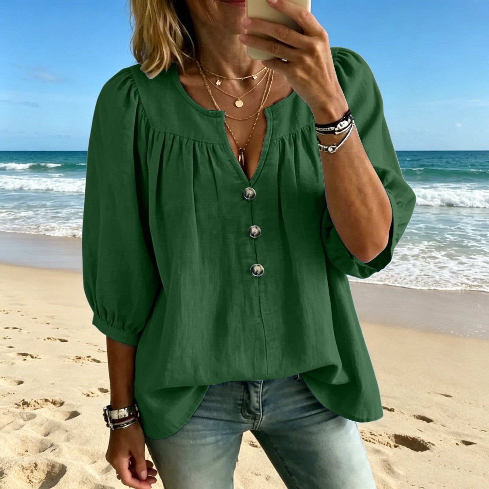 Ayolanni Solid Shirts for Women Ruched Henley 3/4 Sleeve 100% Cotton ...