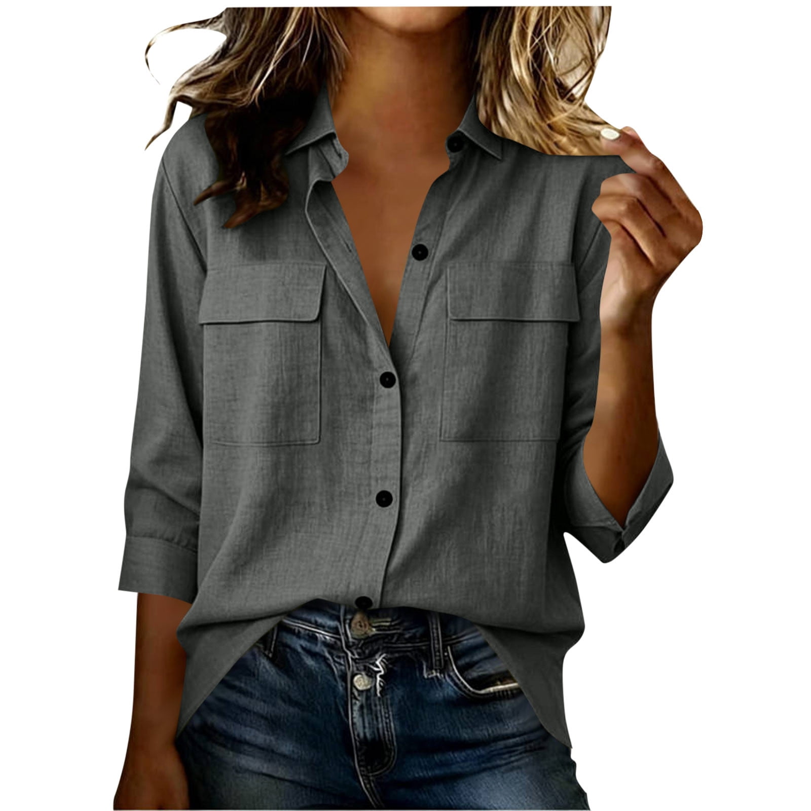 Ayolanni Solid T Shirts for Women V-Neck Lapel 3/4 Sleeve Blouse Fitted ...