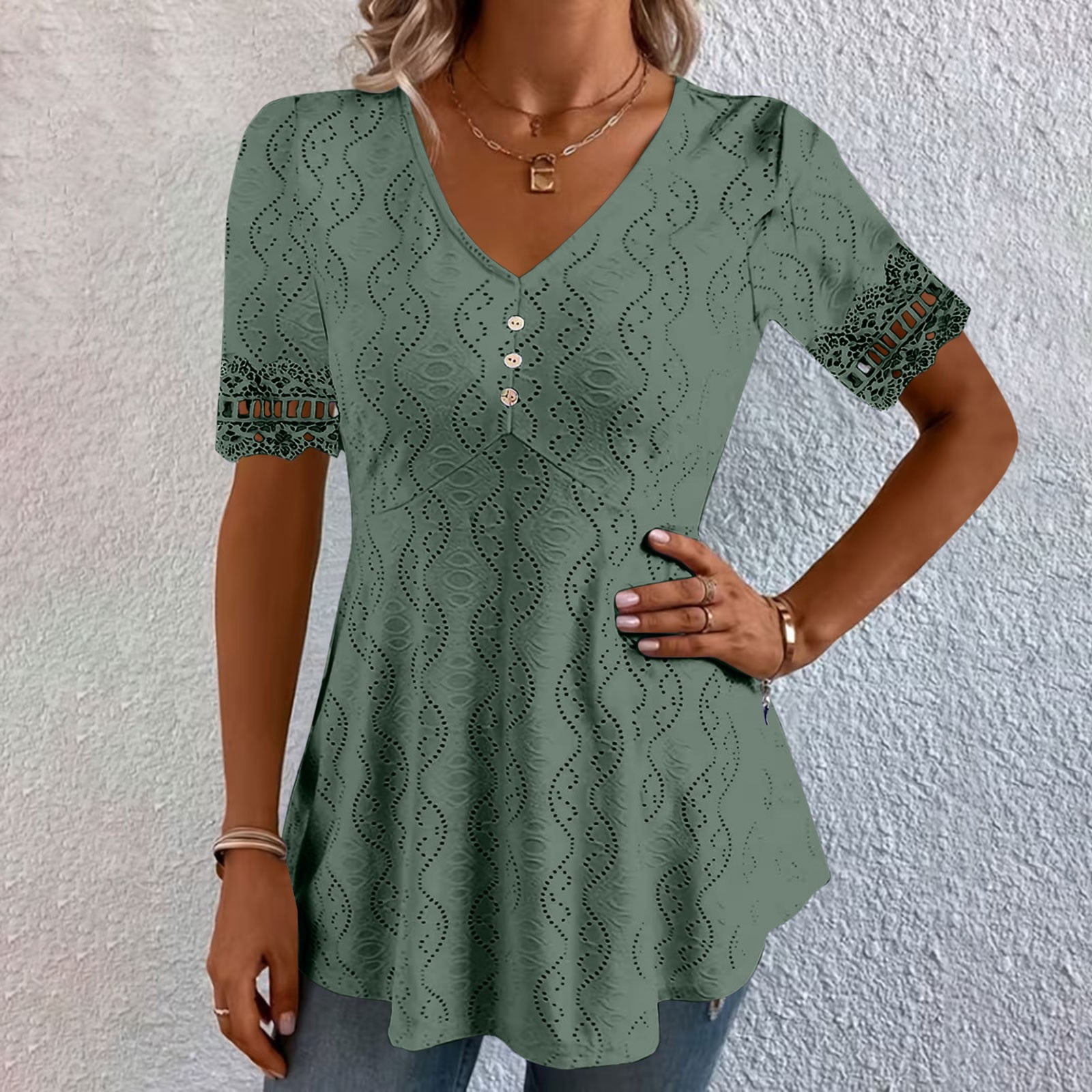 Ayolanni Solid Womens Blouses Short Sleeve Cutout V-Neck Casual Blouse ...