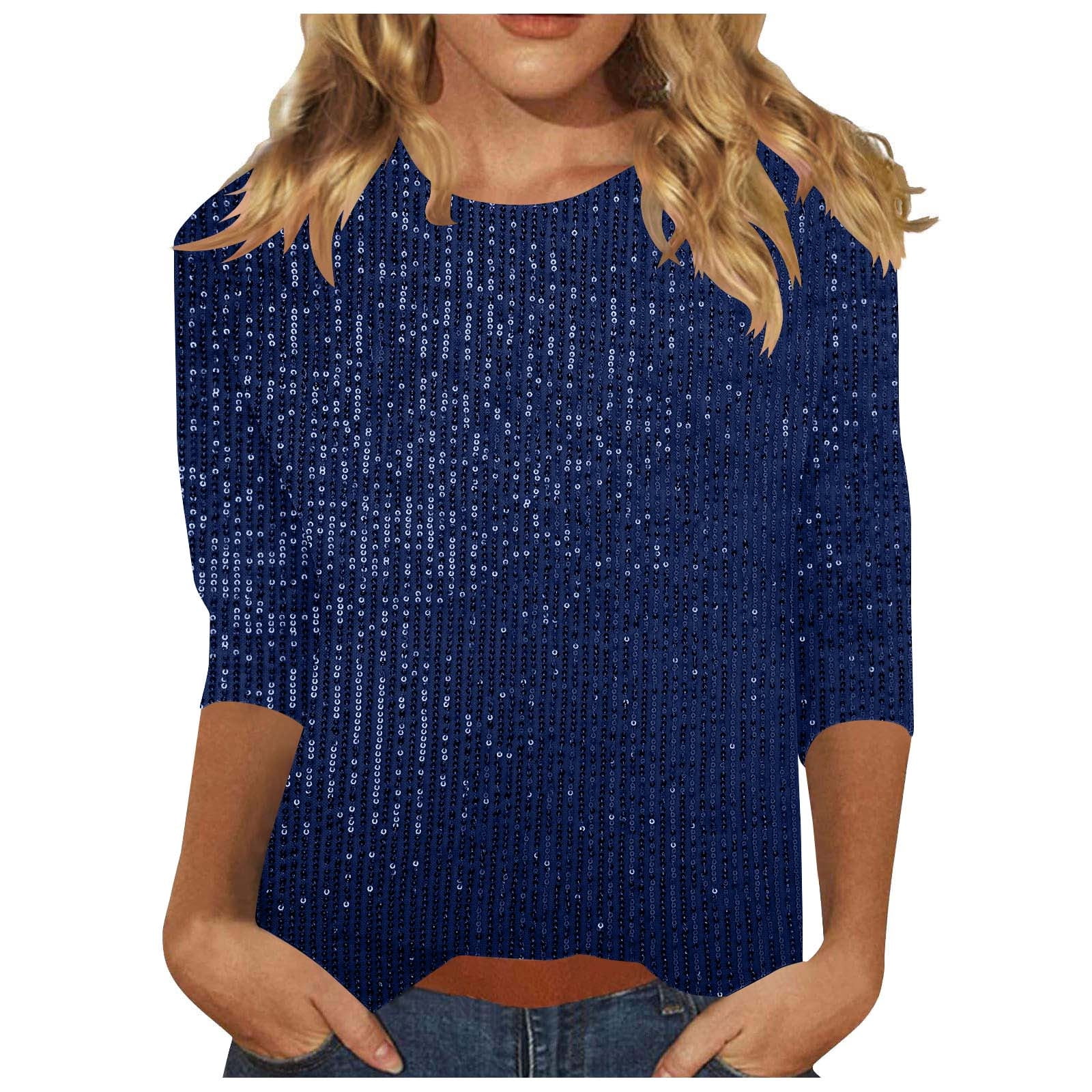 Ayolanni Sparkle Ladies Tops Sequin Dark Blue Party 3/4 Sleeve Going ...