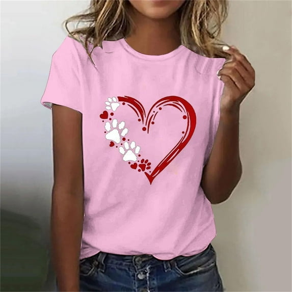 Ayolanni Spring Tops for Women Crew Neck Heart Print Casual Short ...