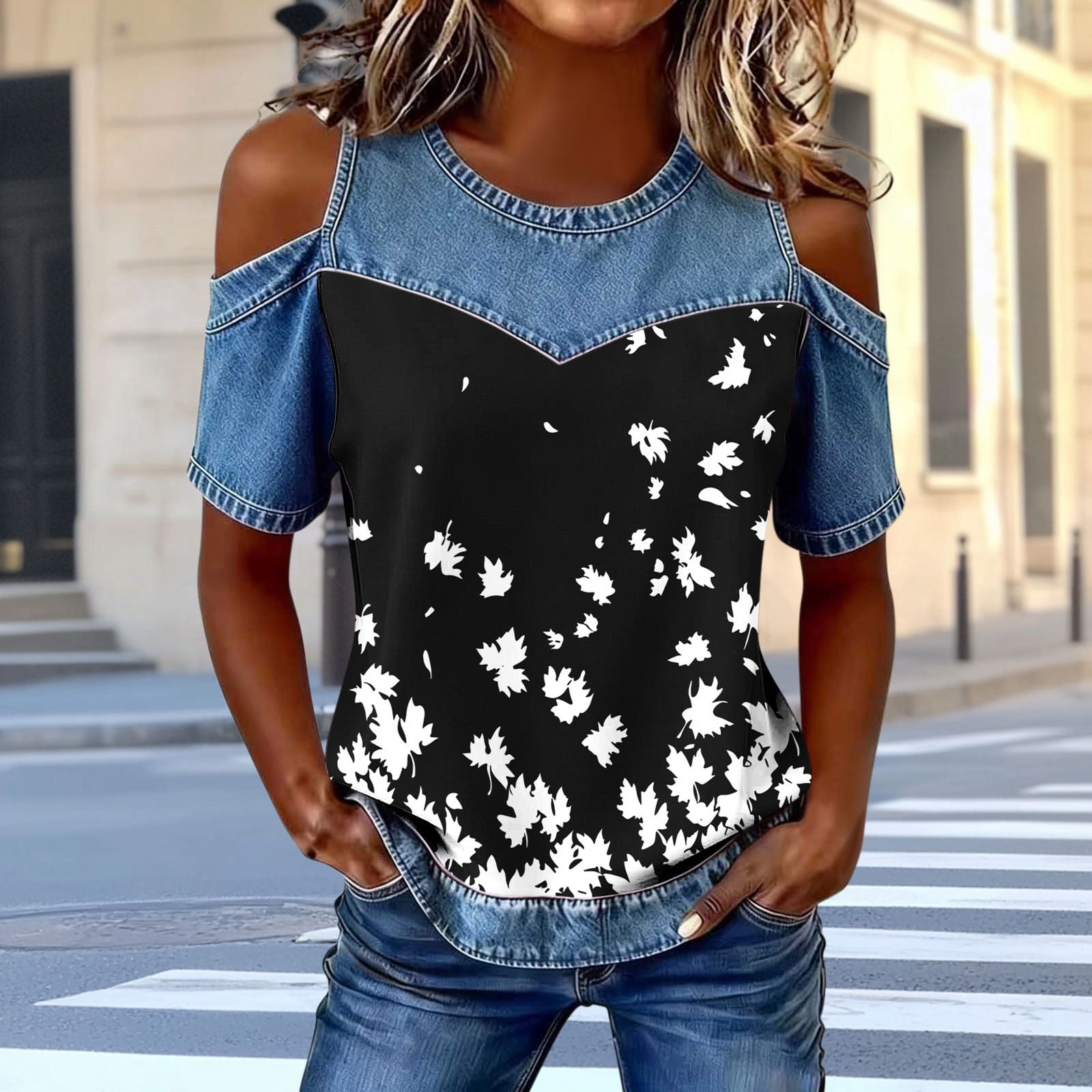 Ayolanni Spring Tops for Women Outerwear Short Sleeve Ombre Color Crew ...