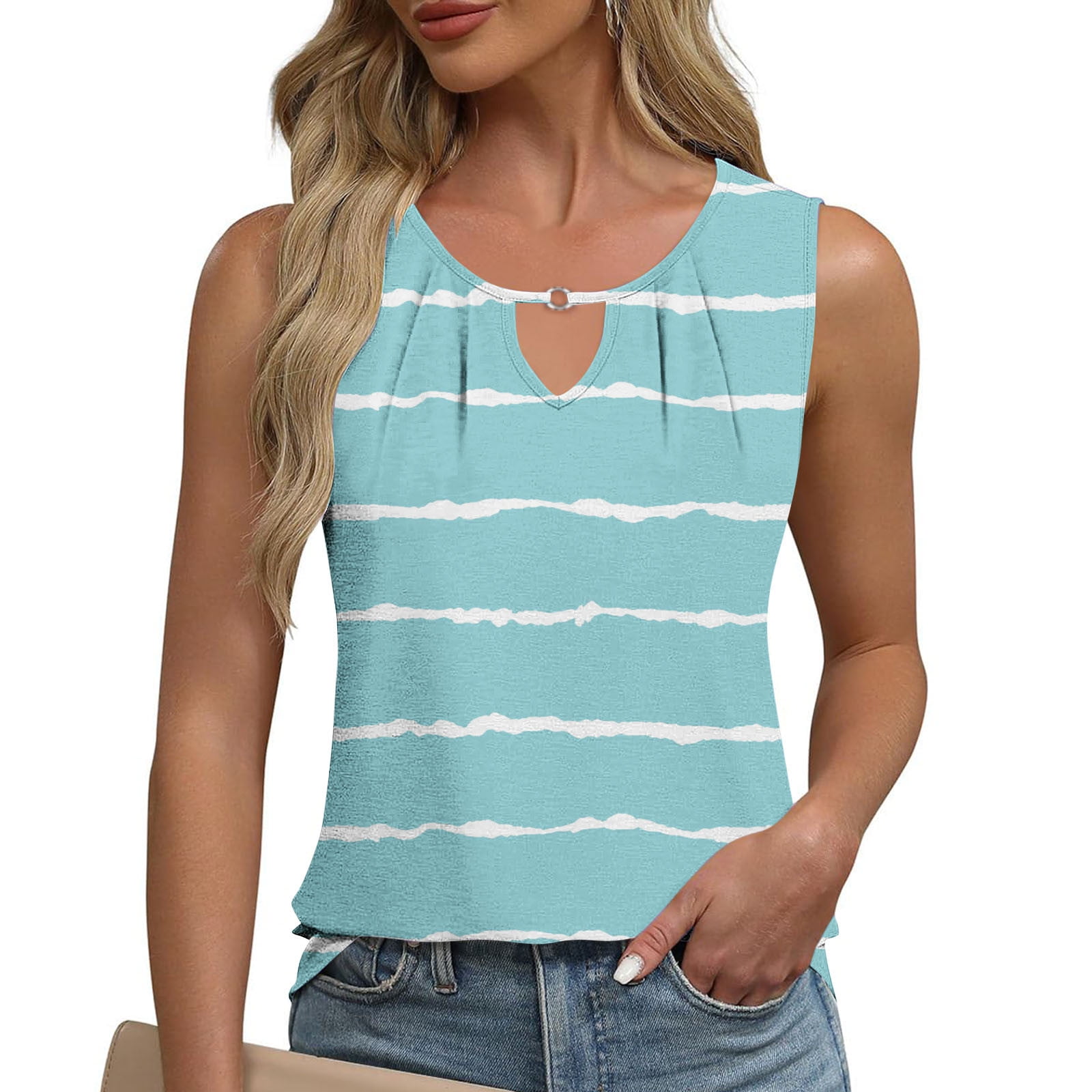Ayolanni Striped Activewear Top for Women V-Neck Blue Tank Tops Summer ...