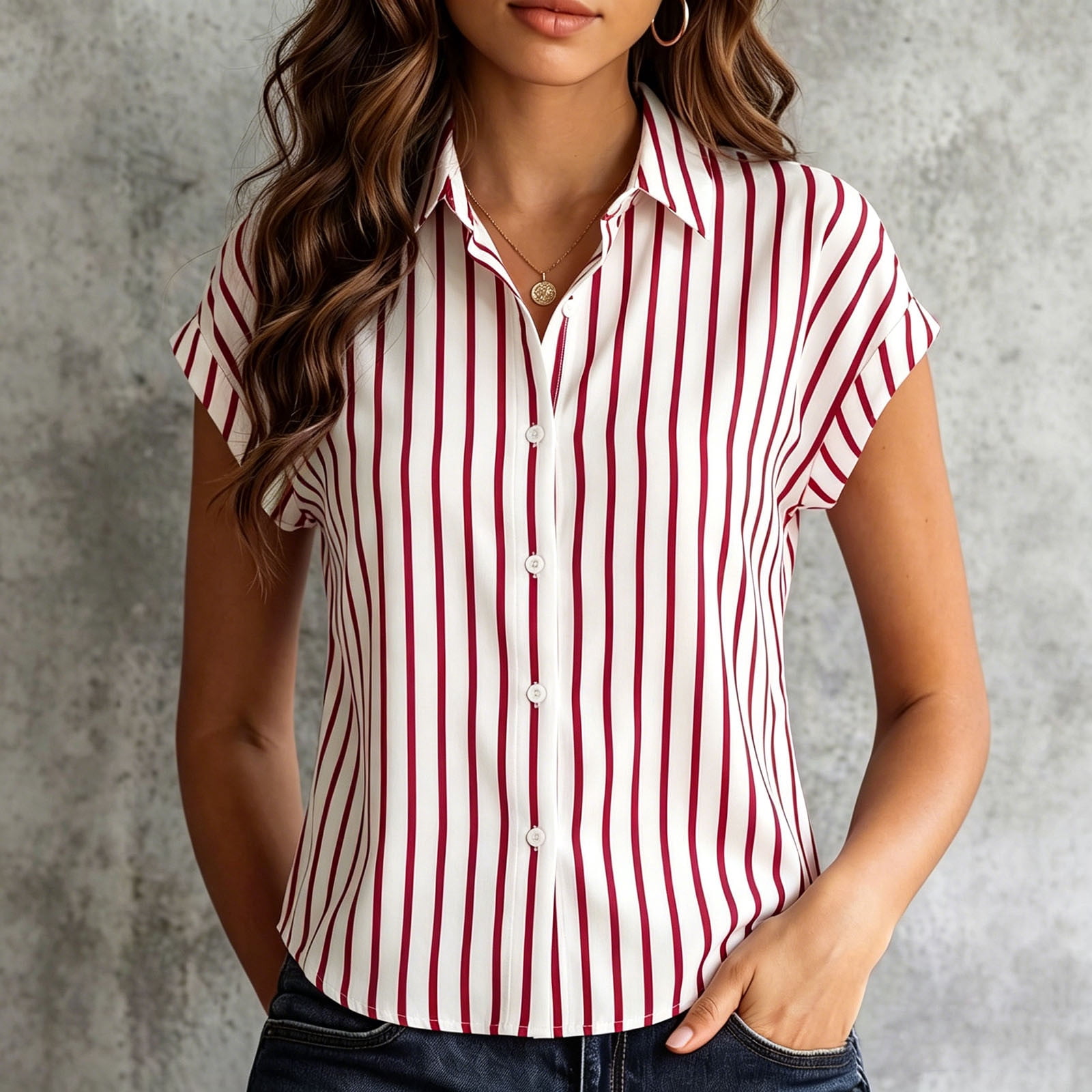Ayolanni Striped Shirts for Women Dressy Button Down Short Sleeve V ...
